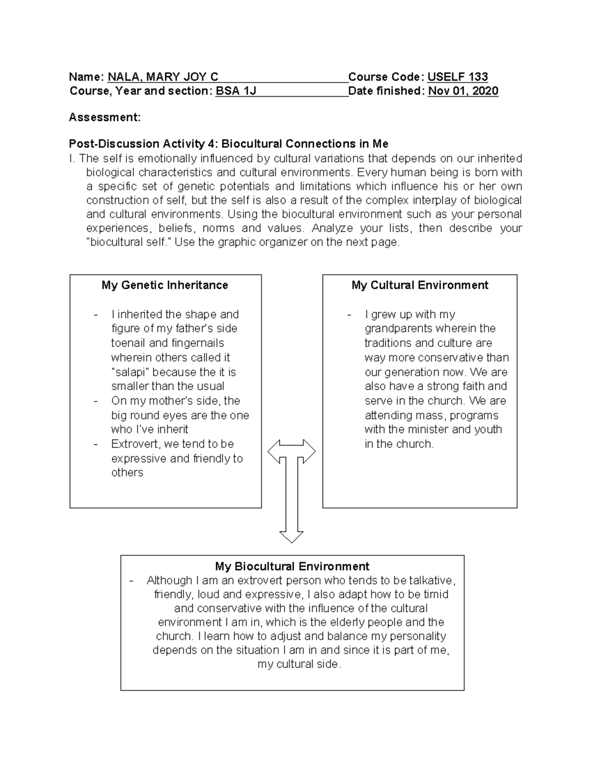 4. Biocultural Connections In Me - Name: NALA, MARY JOY C Course Code ...