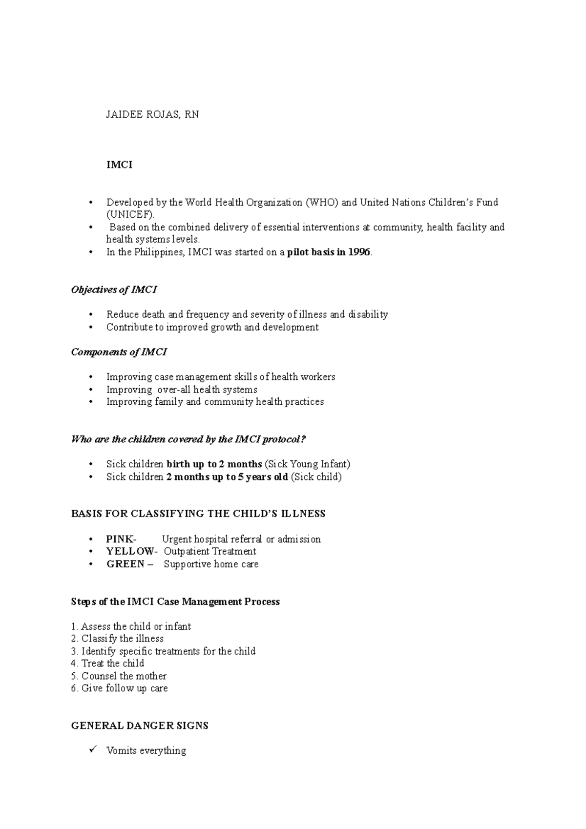 IMCI CD Rojas 2024 - OB Notes - JAIDEE ROJAS, RN IMCI Developed by the ...