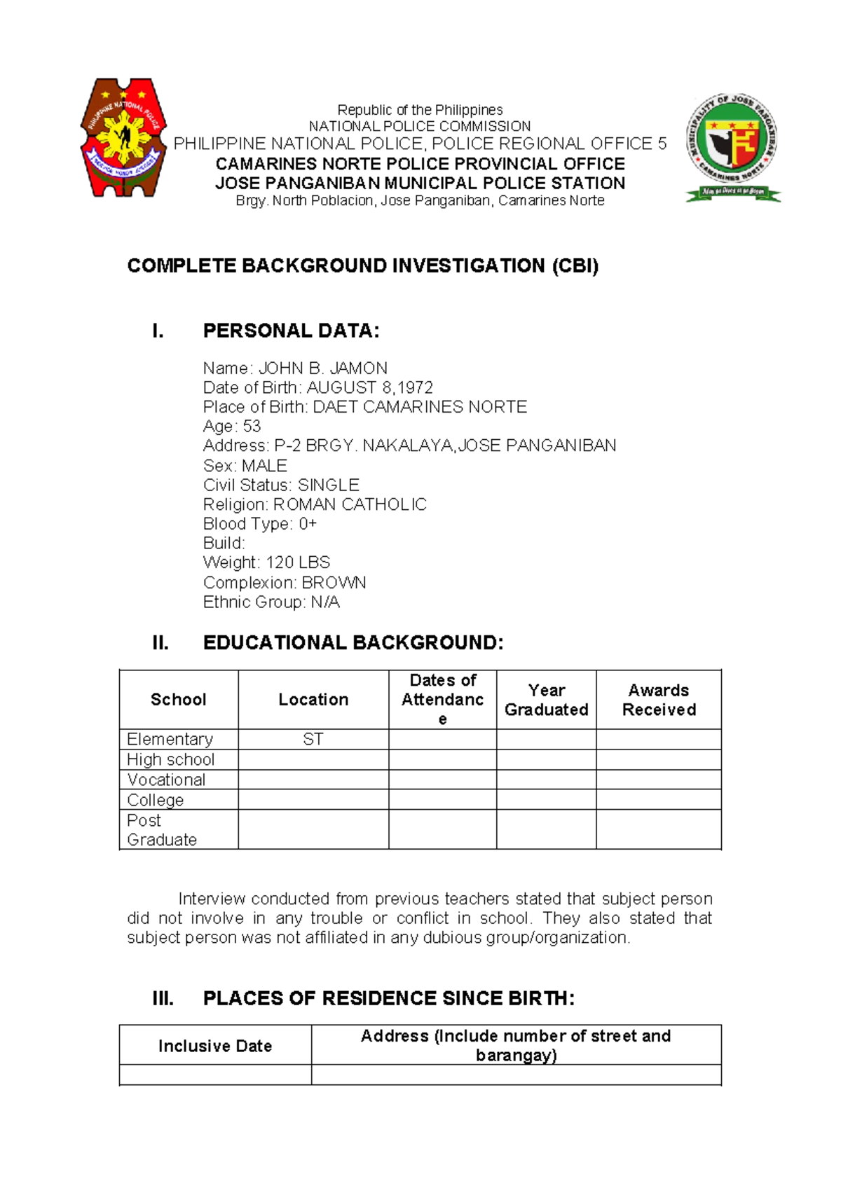 CBI Blank - specific practice materials - Republic of the Philippines ...