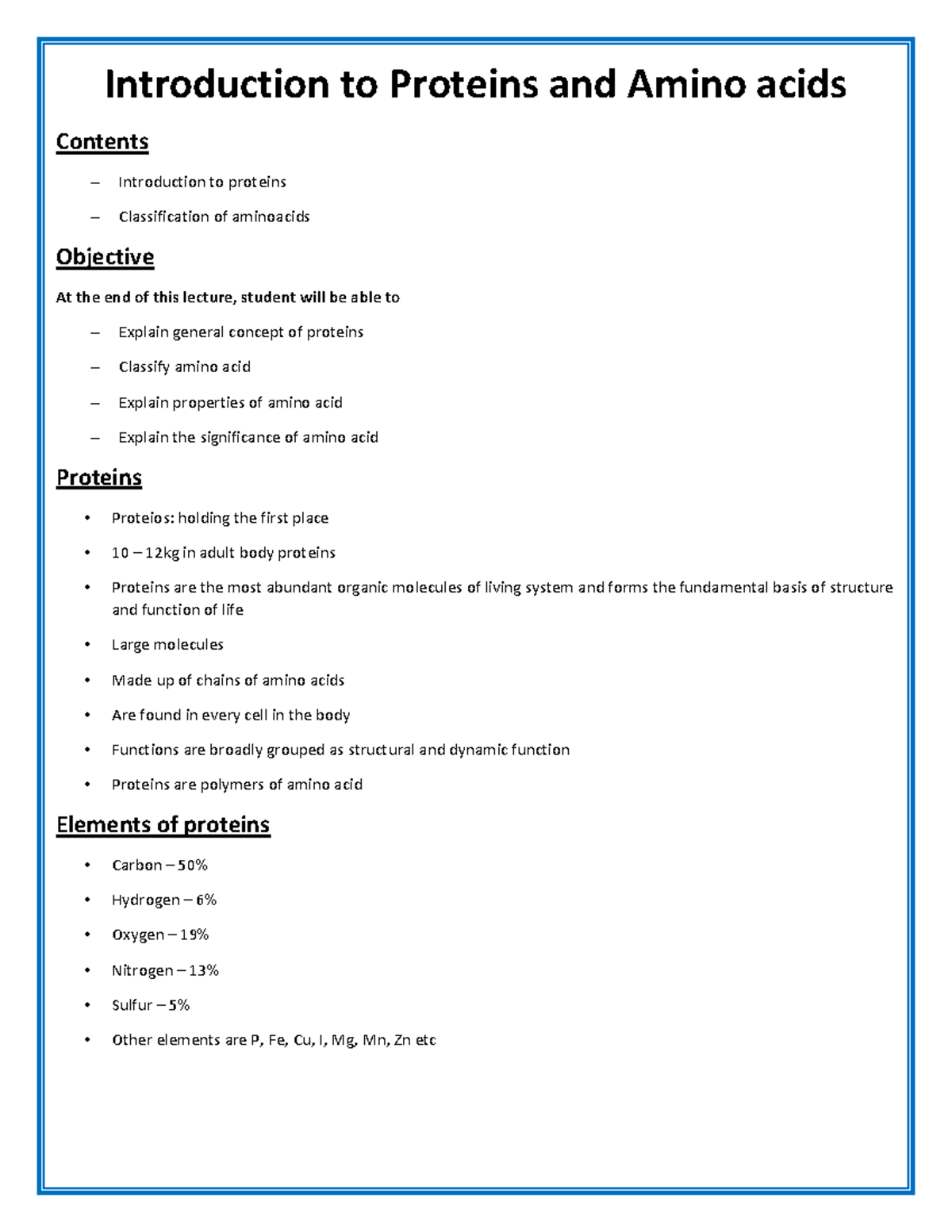 Biochemistry - Introduction to Proteins and Amino acids Contents ...