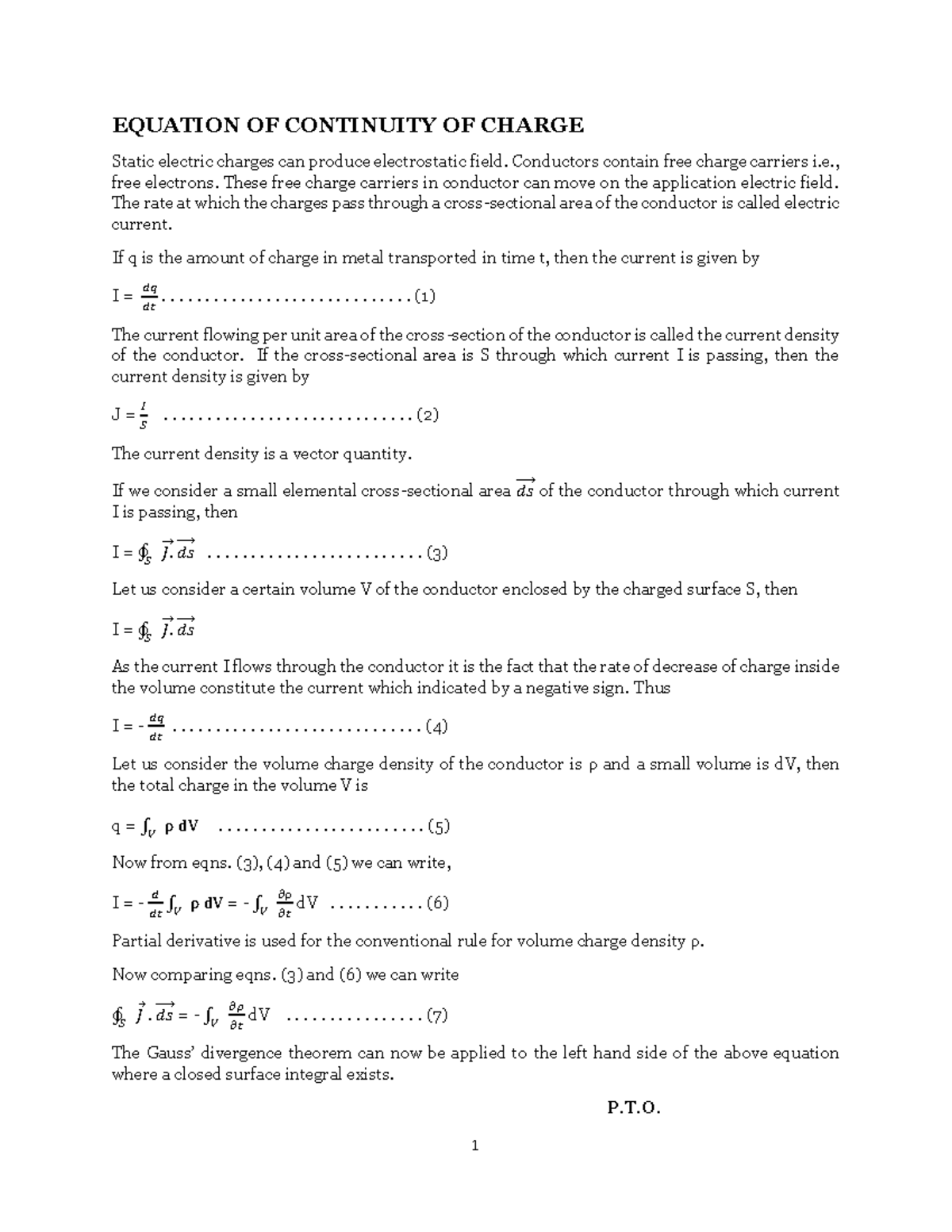 Continuity-EQN - Charge-Lecture - 1 EQUATION OF CONTINUITY OF CHARGE ...