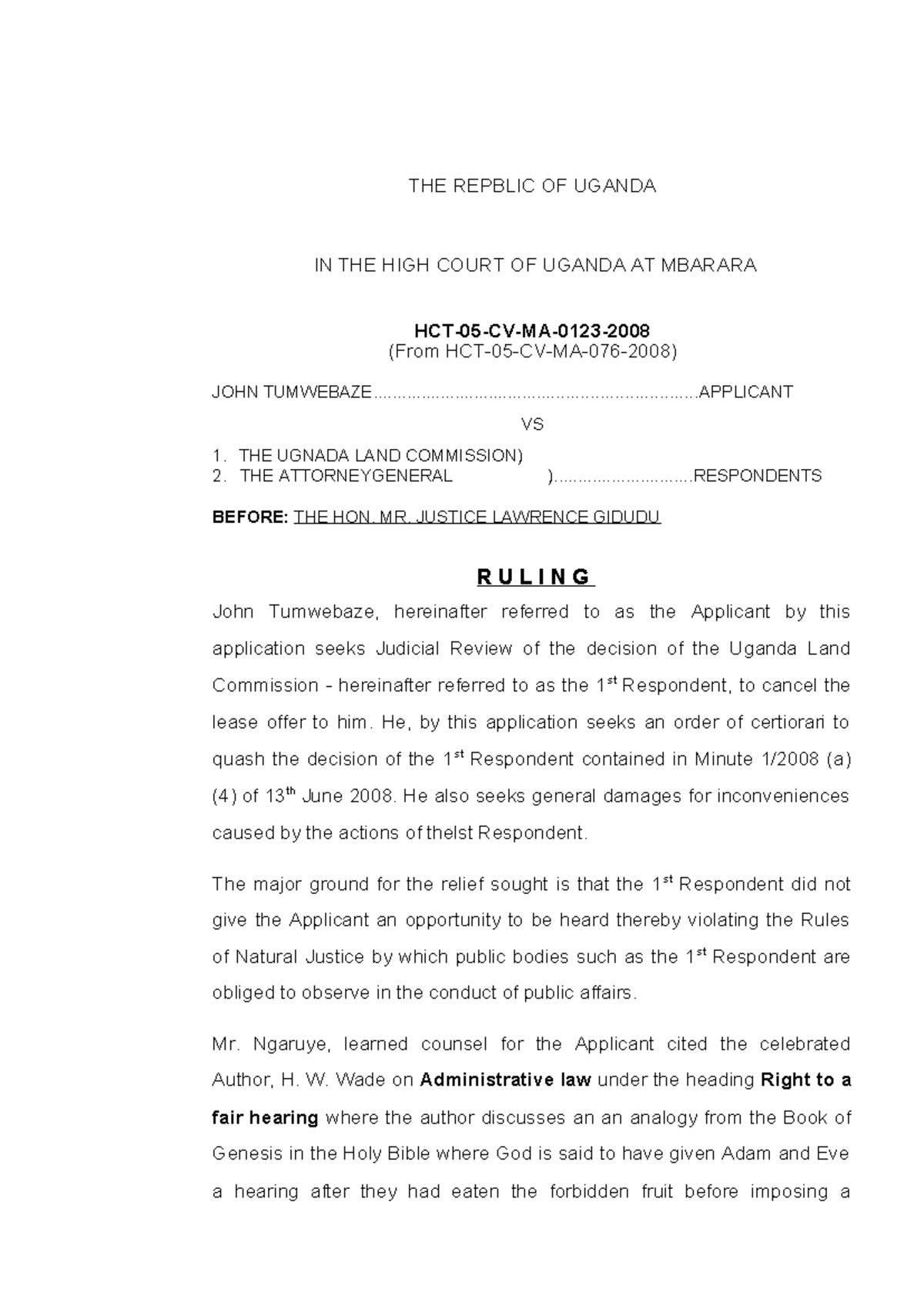 Tumwebaze v Uganda Land Commission Anor (Hct05cvma01232008 ) 2009 UGHC ...