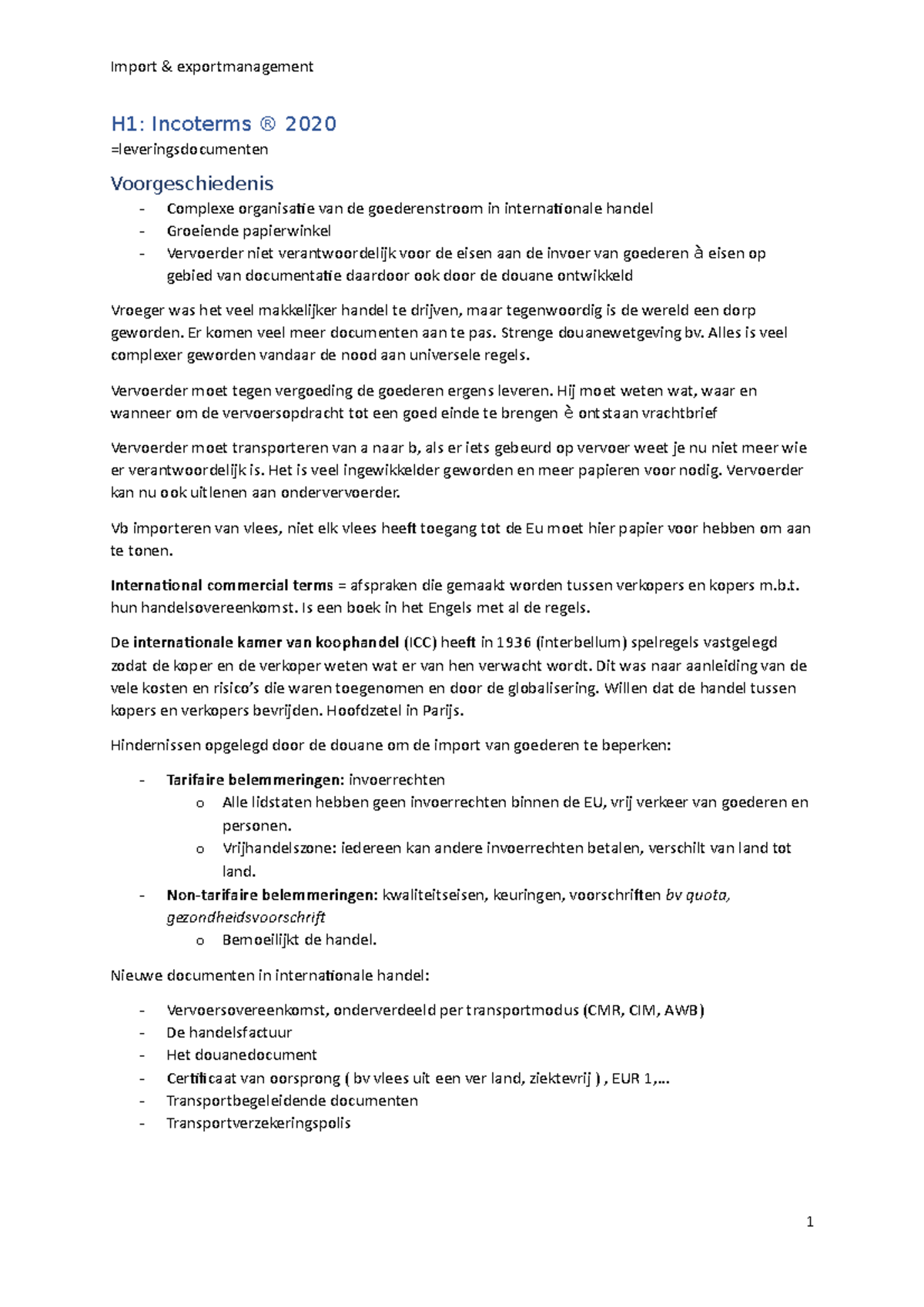 Import-exportmanagement-samenvatting - H1: Incoterms ® 2020 =leveringsdocumenten ...