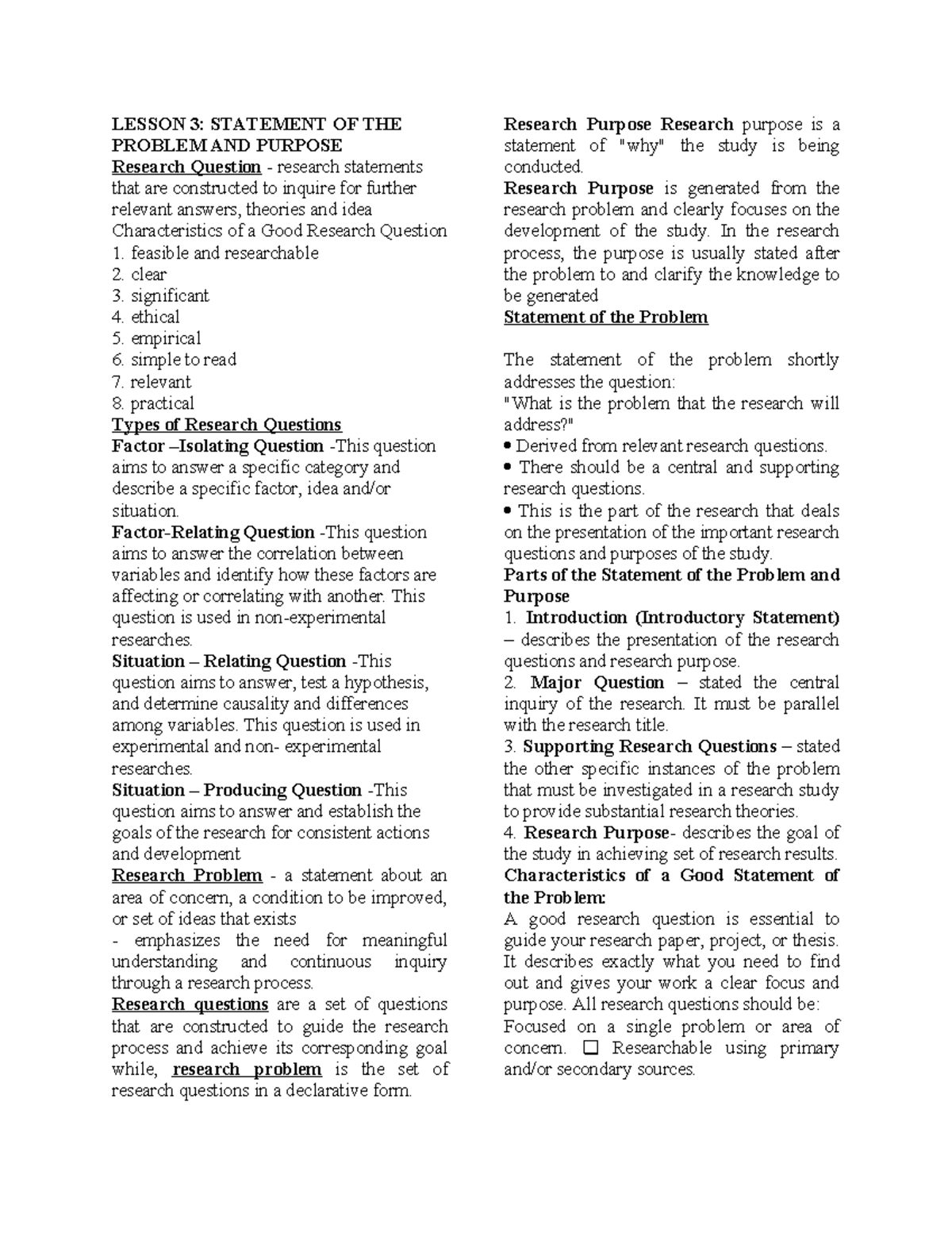 Practical Research 2 Week 3 4 - LESSON 3: STATEMENT OF THE PROBLEM AND ...