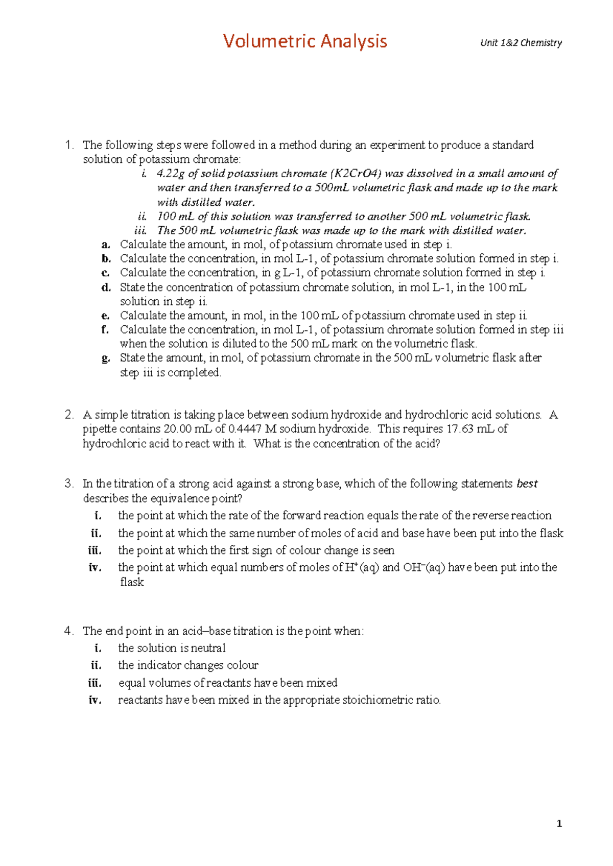 Volumetric Analysis Worksheet - Unit 1&2 Chemistry 1 Volumetric ...