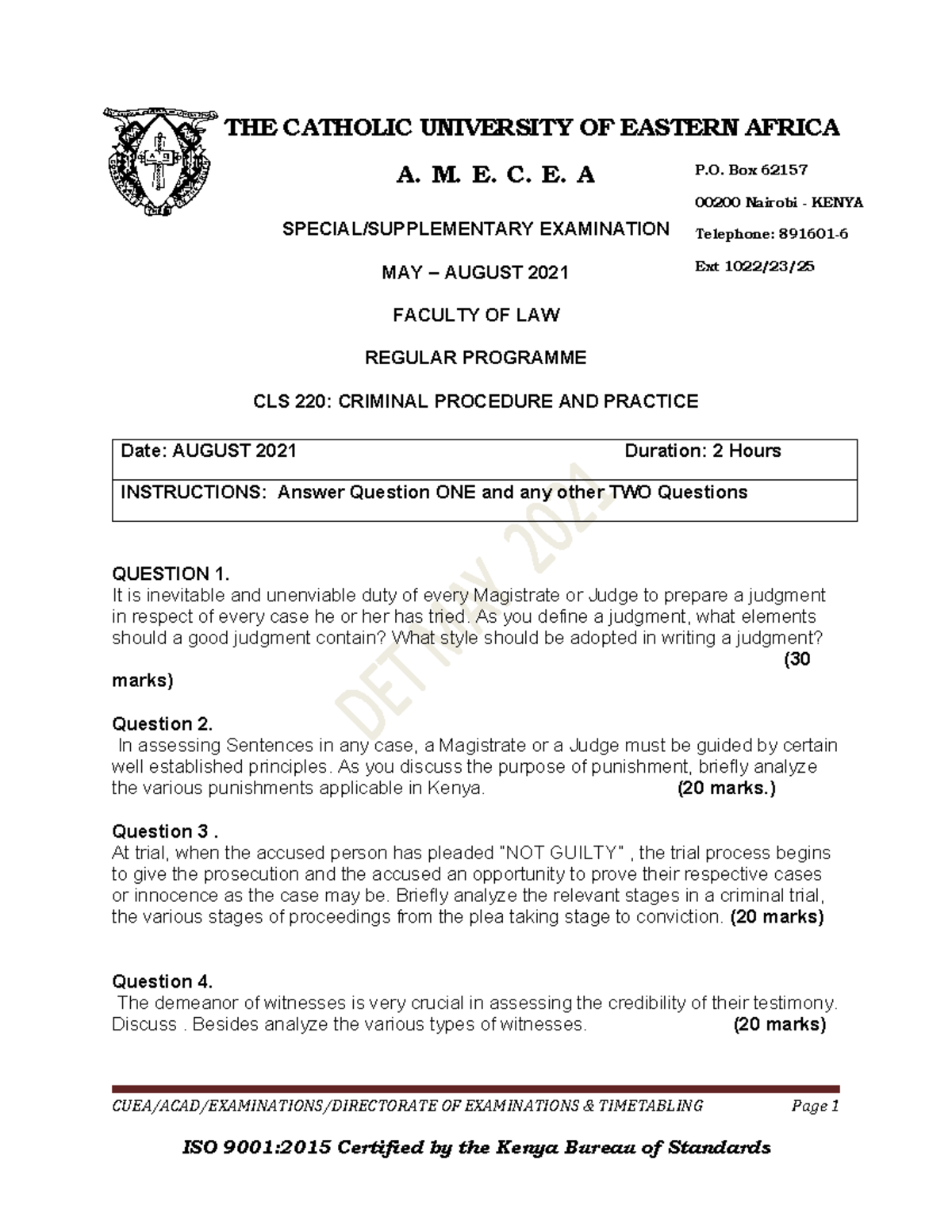 CLS 220 - Notes - THE CATHOLIC UNIVERSITY OF EASTERN AFRICA SPECIAL ...