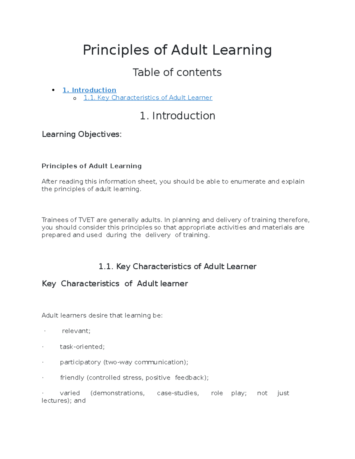 (3)Principles of Adult Learning - Principles of Adult Learning Table of ...