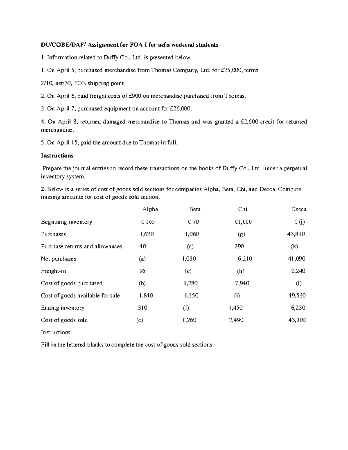 Assigniment for FOAI - It's good - DU/COBE/DAF/ Assignment for FOA I for acfn weekend students ...