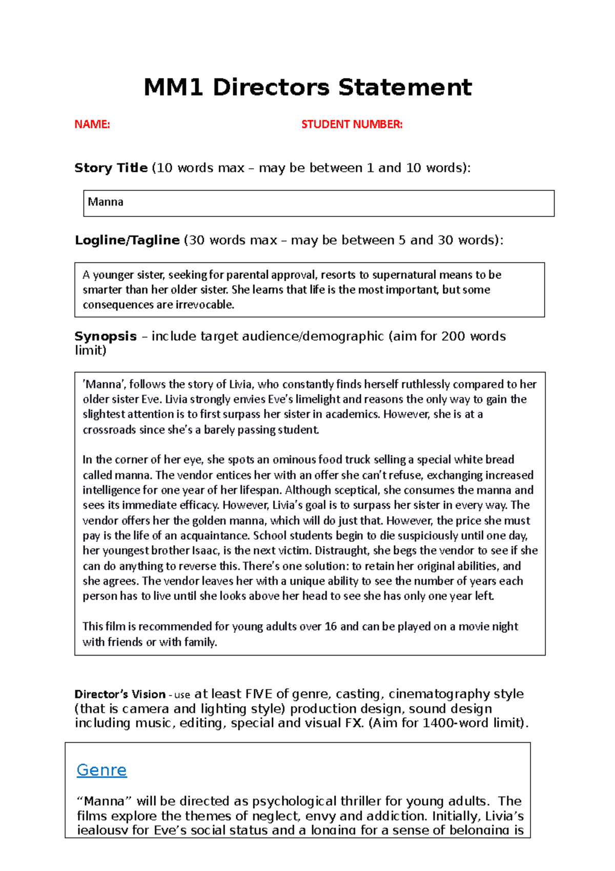 MM1 Directors Statement Assessment FORM essay - MM1 Directors Statement ...