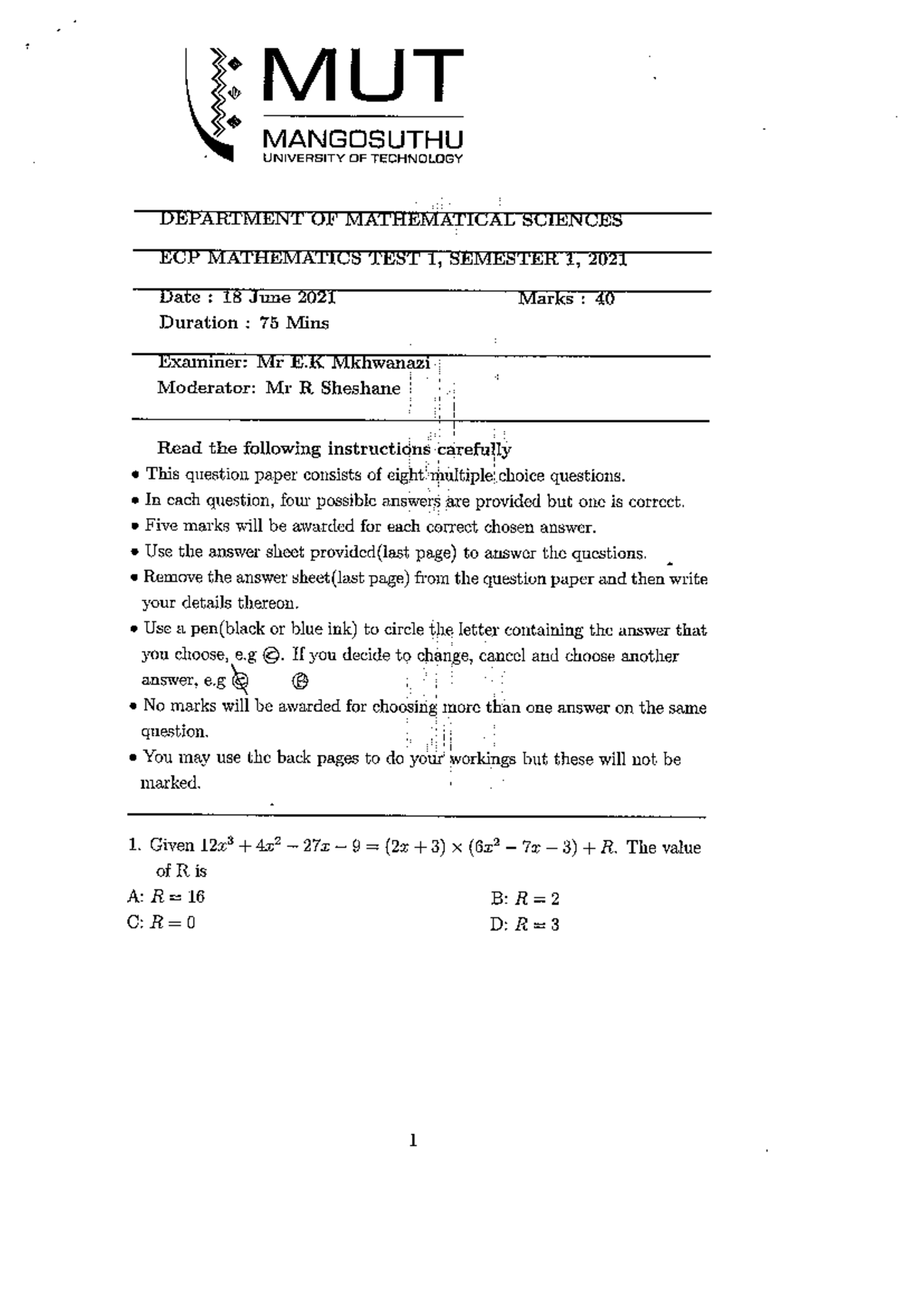 Maths Test 1Past Papers 1 - CIENDI - Studocu
