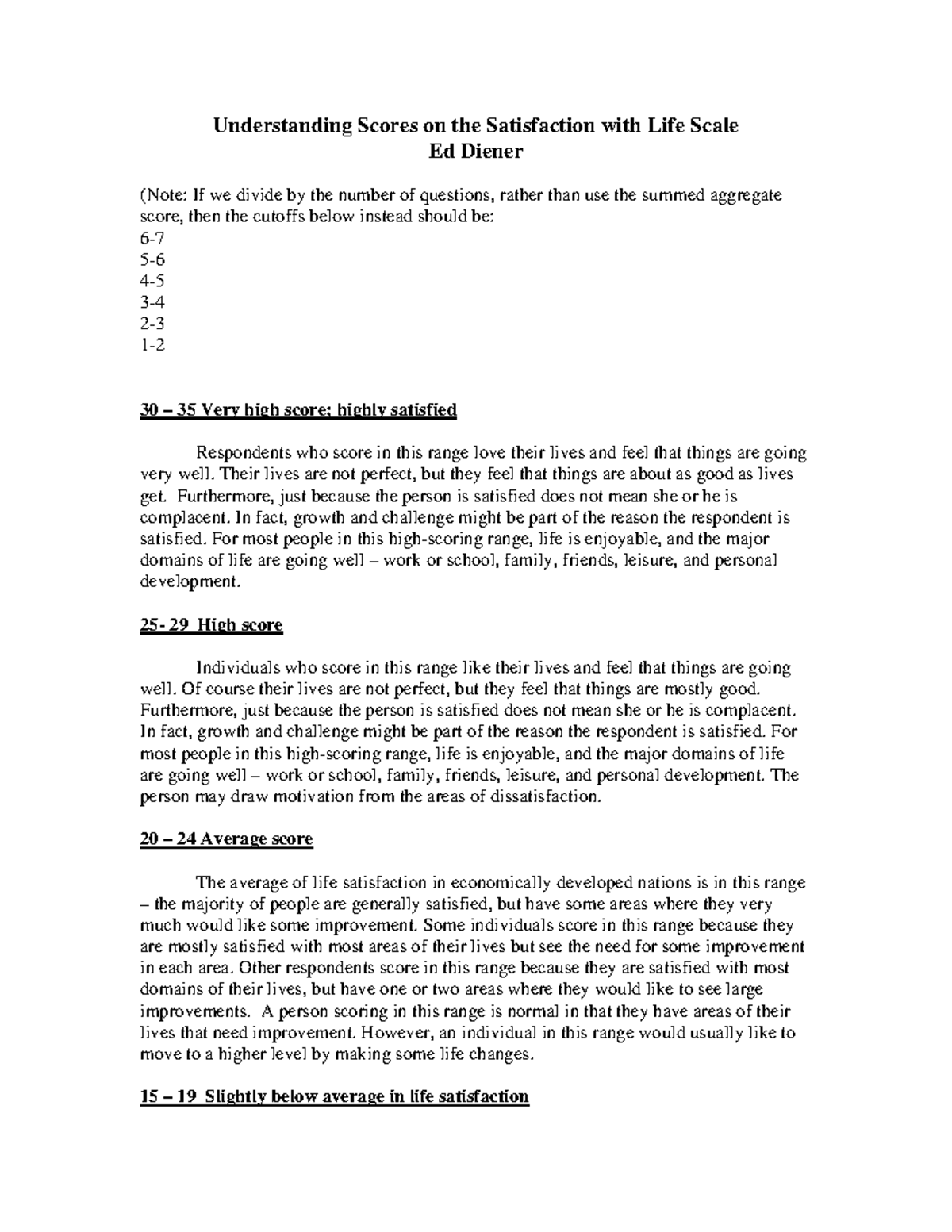 Understanding SWLS Scores - Understanding Scores on the Satisfaction ...
