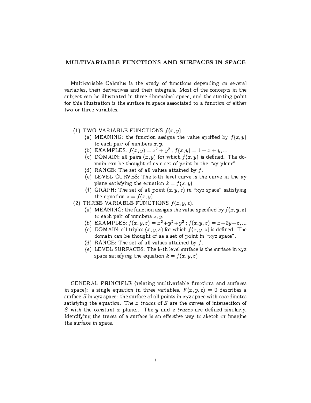 Handout 1 Functions Space Surfaces - MULTIVARIABLE FUNCTIONS AND ...