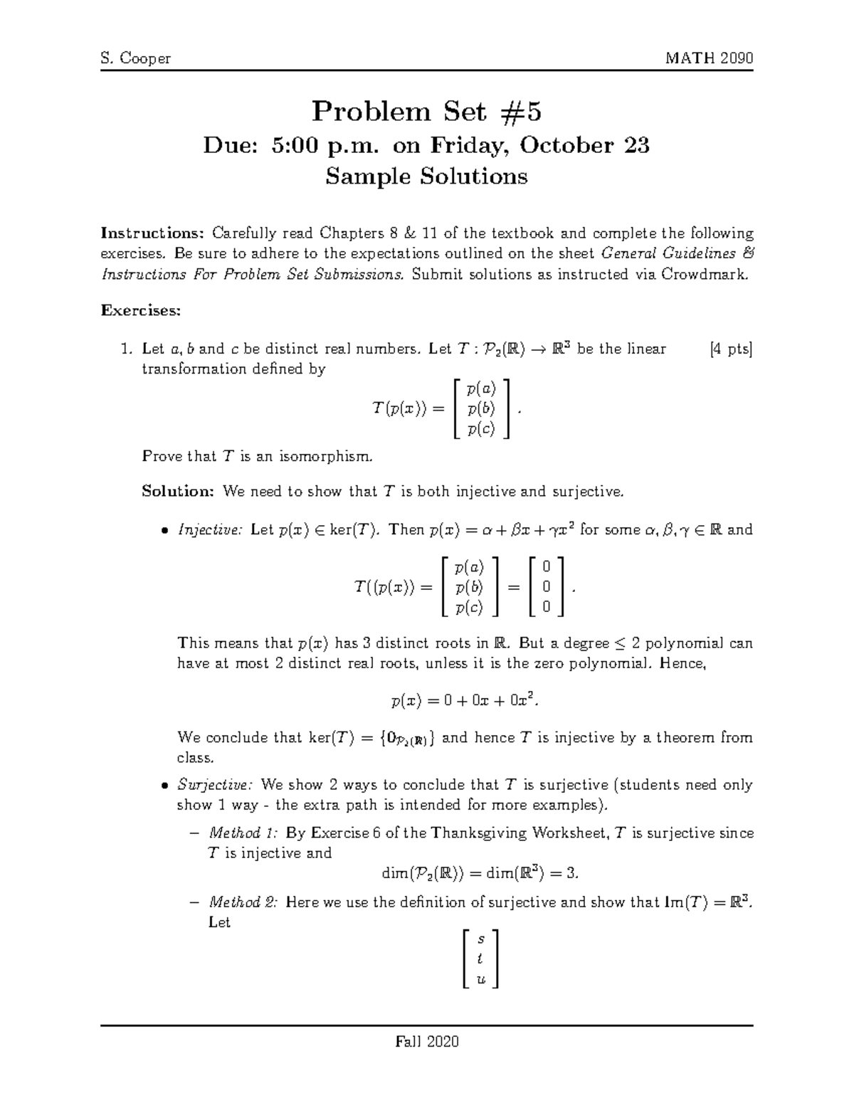 Math 2090 f20 pset5 sol - solution set for excercise - Problem Set Due ...