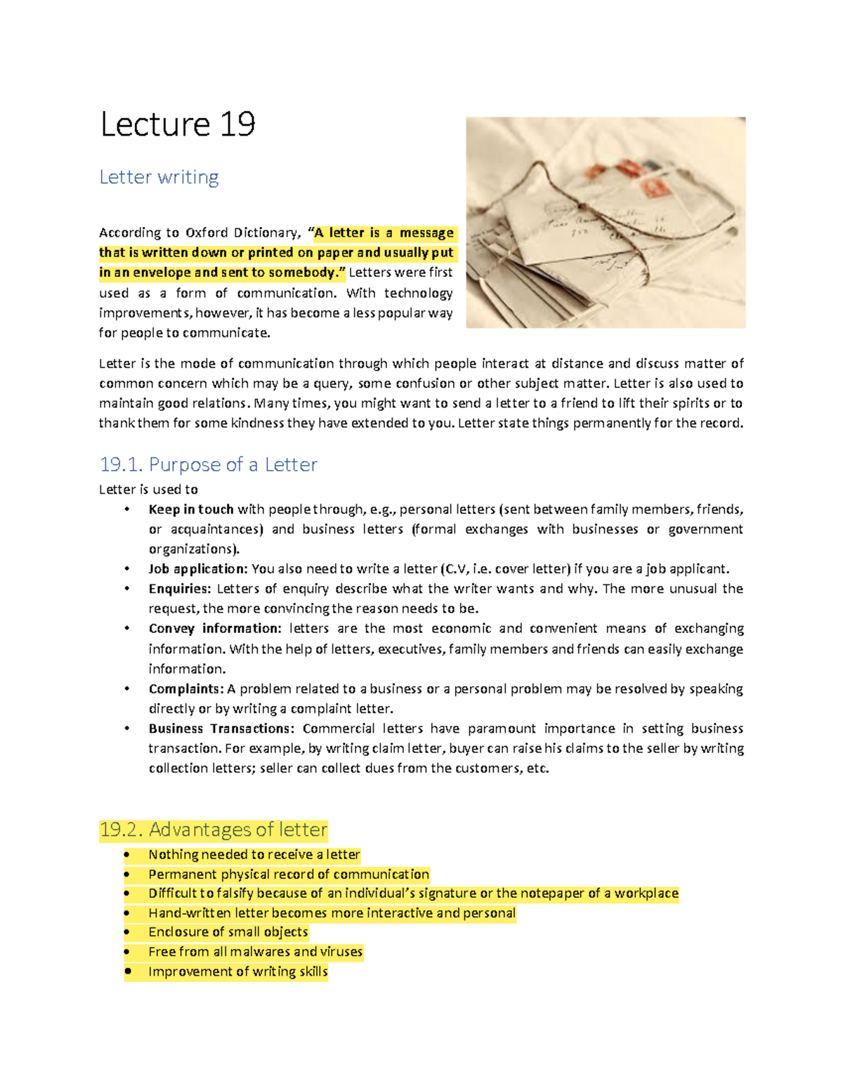 Hum102 Handouts Lecture 19 Lecture 19 Letter Writing According To Oxford Dictionary “a Letter