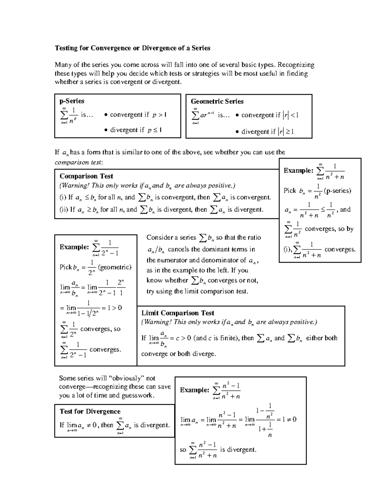Summary seriesconvergediverge - Testing for Convergence or Divergence ...