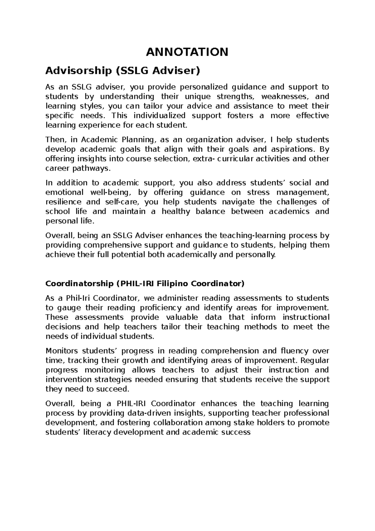 Annotation for advisorship - ANNOTATION Advisorship (SSLG Adviser) As ...