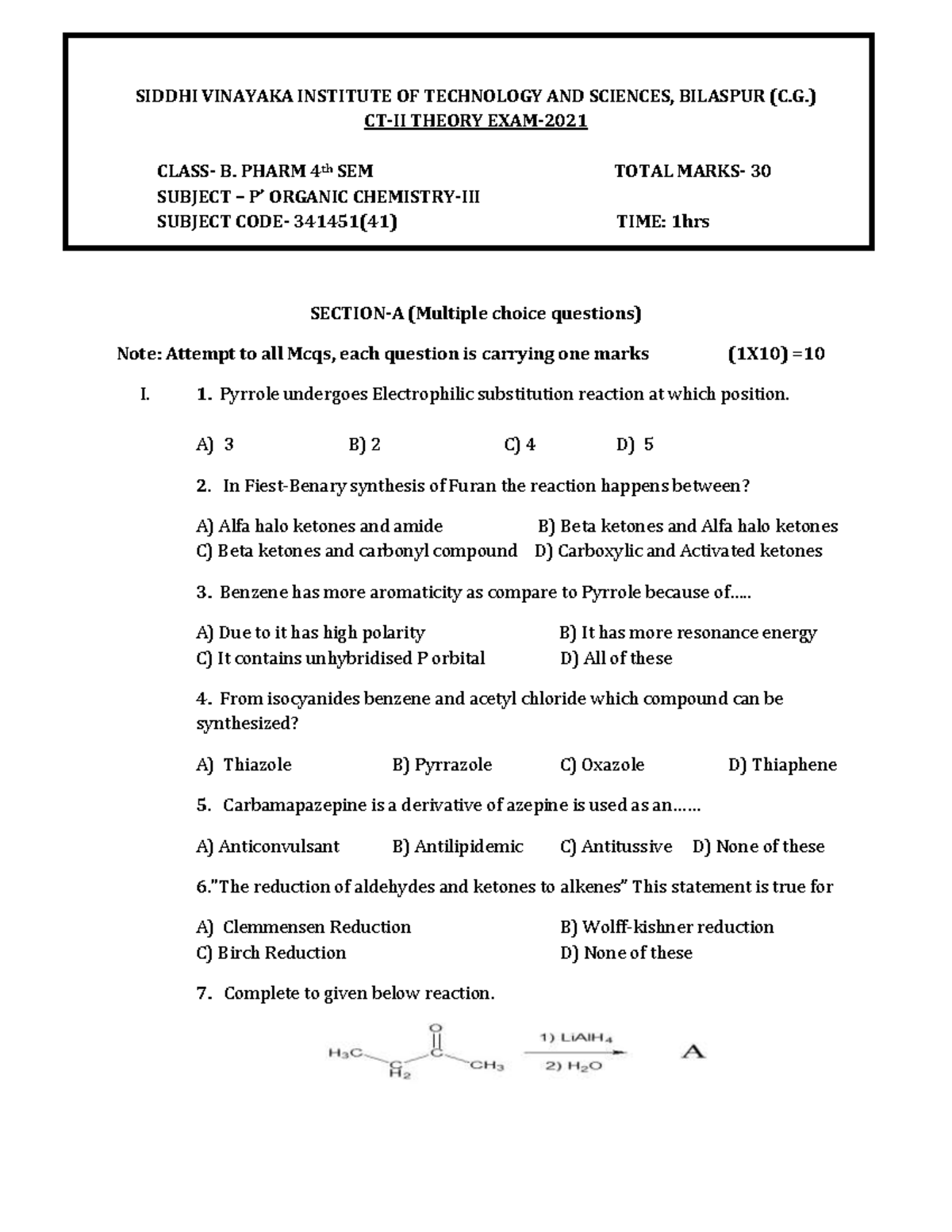 P' Organic CHEM-III, CT-II - SIDDHI VINAYAKA INSTITUTE OF TECHNOLOGY ...