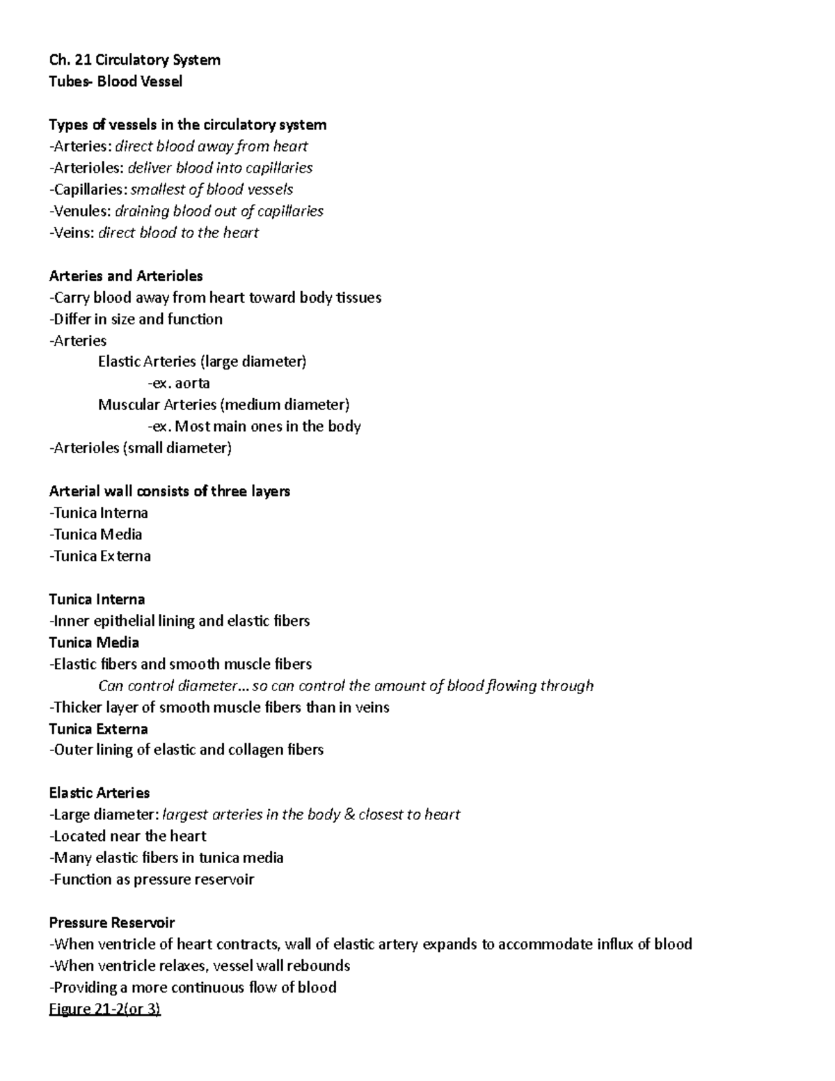 Ch 21 - Lecture notes 1 - Ch. 21 Circulatory System Blood Vessel Types ...