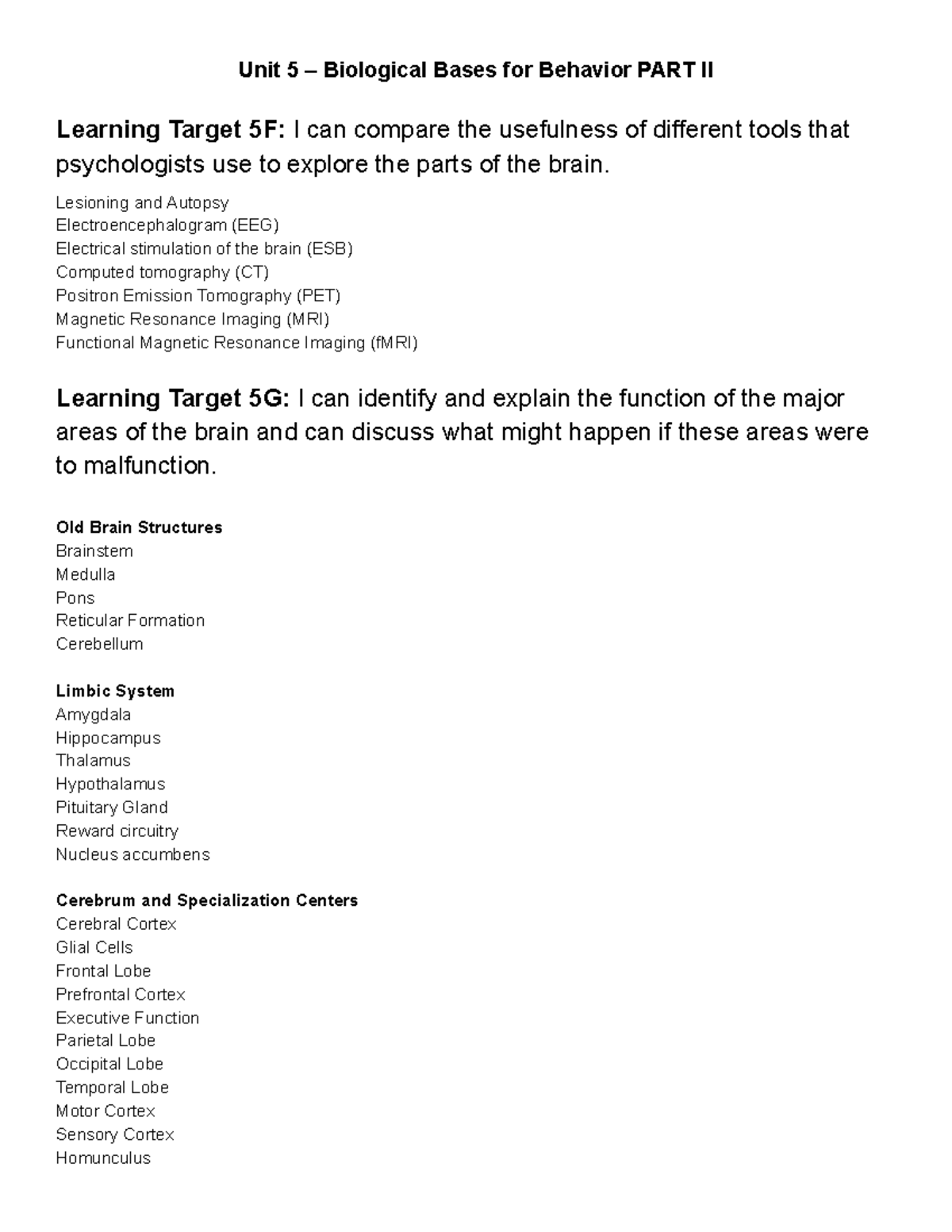 Unit 5 - Biological Bases of Behavior Study Guide - Unit 5 – Biological ...