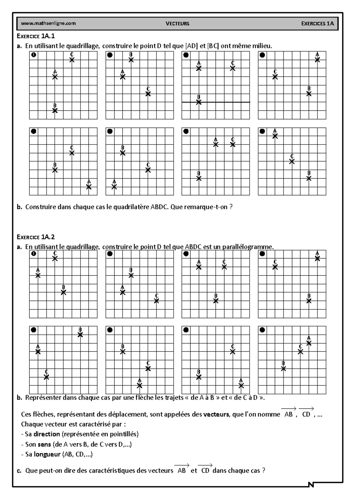 2nde - Ex 1 - Découverte de la translation - Corrige - mathsenligne ...