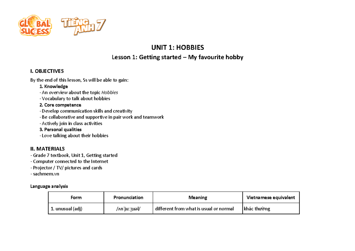 TA7-Unit 1 - english for e - UNIT 1: HOBBIES Lesson 1: Getting started ...