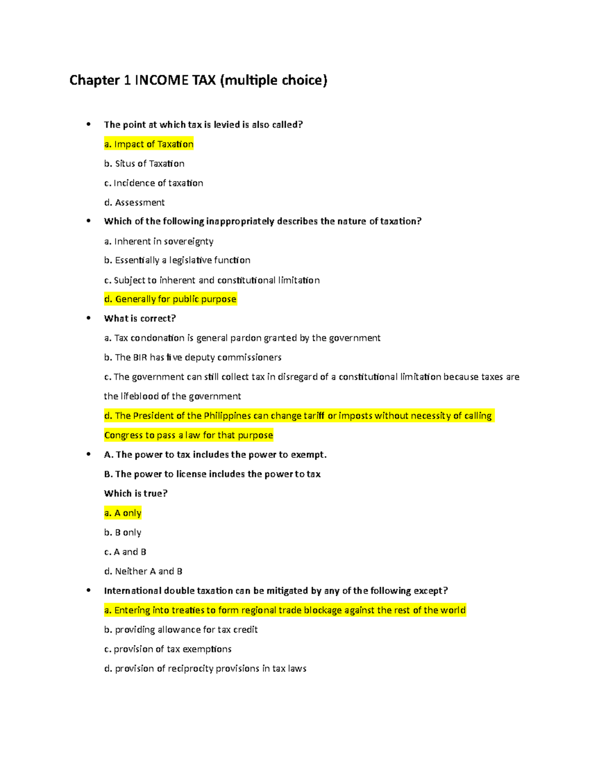 Chapter 1 Income TAX - Chapter 1 INCOME TAX (multiple choice) The point ...