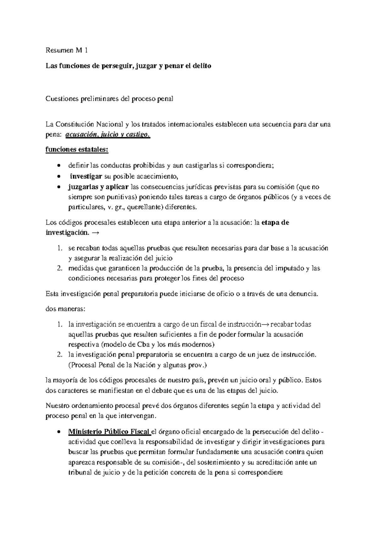 Resumen M 1 Procesal penal - Resumen M 1 Las funciones de perseguir, juzgar y penar el delito ...