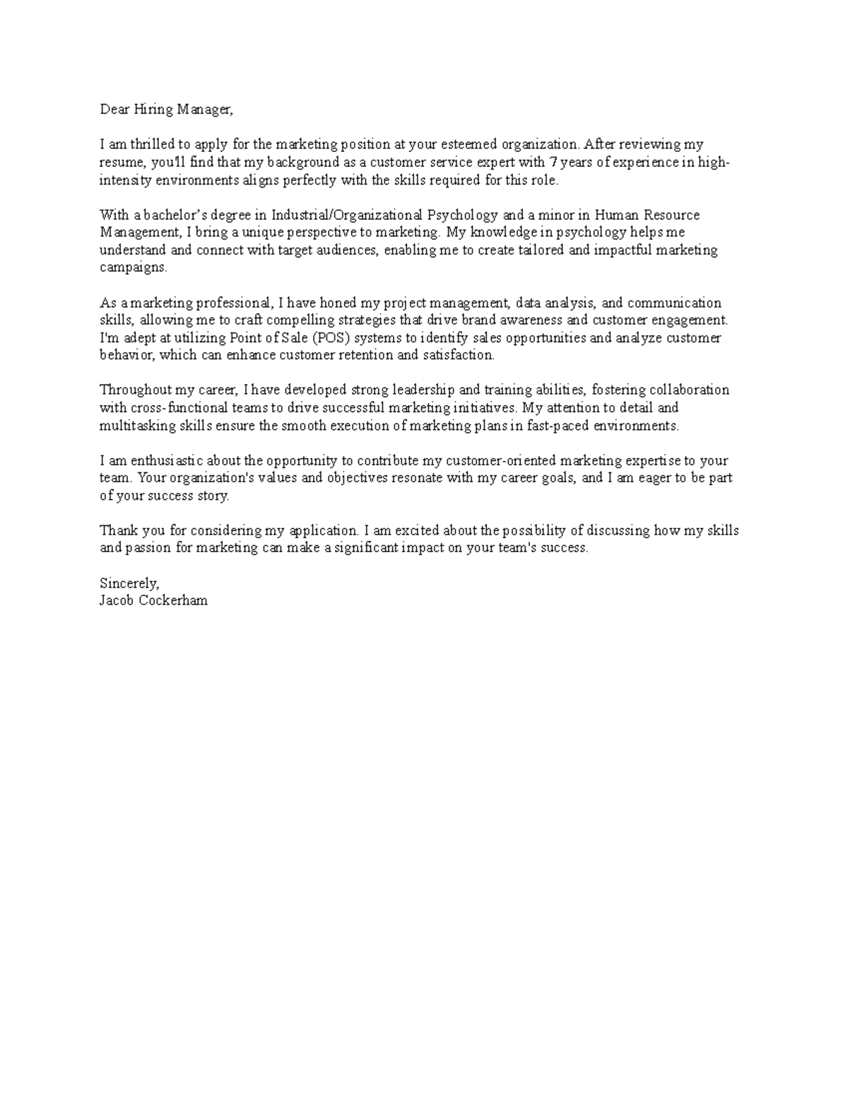 Marketing Cover - resume - Dear Hiring Manager, I am thrilled to apply ...