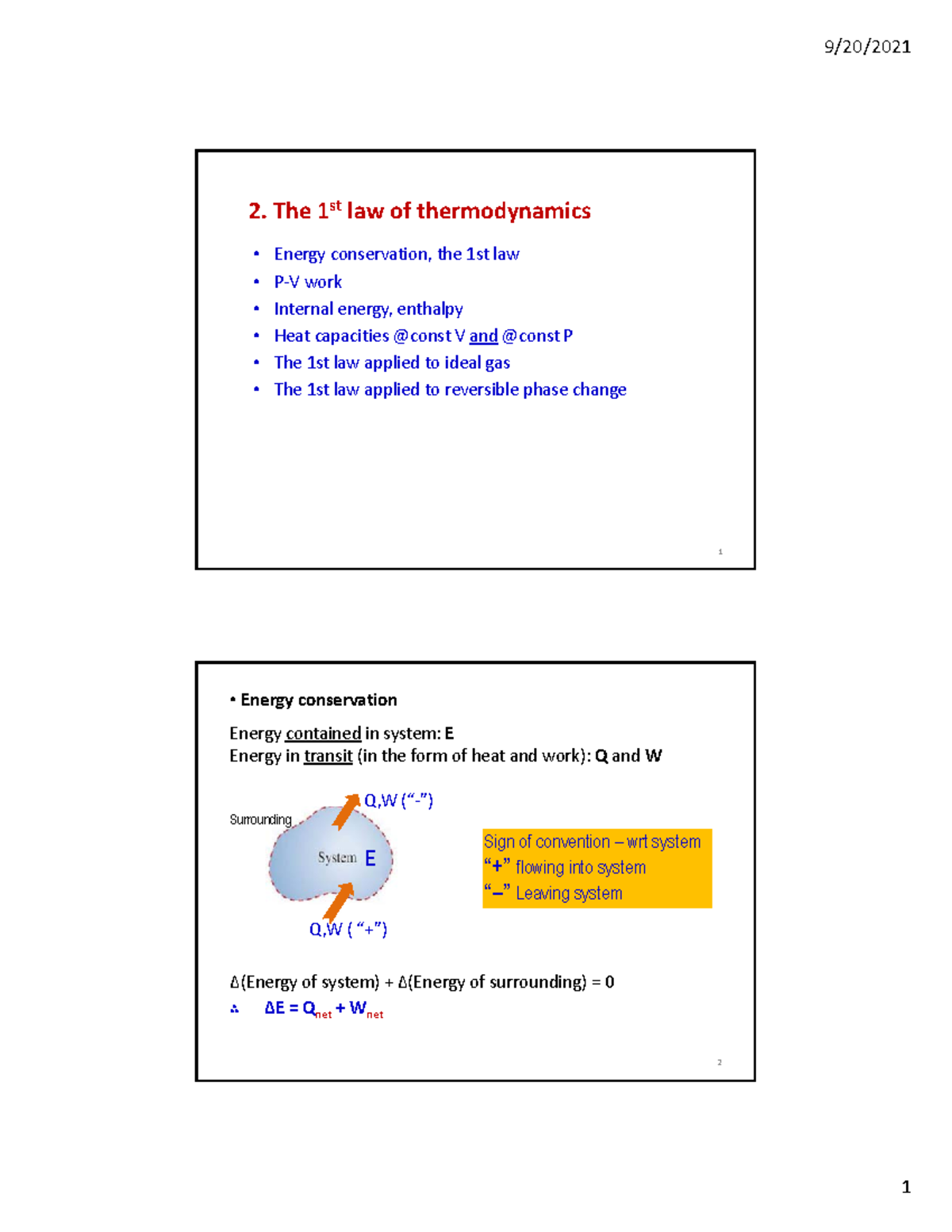 2. The First Law - 2. The 1 st law of thermodynamics • Energy ...