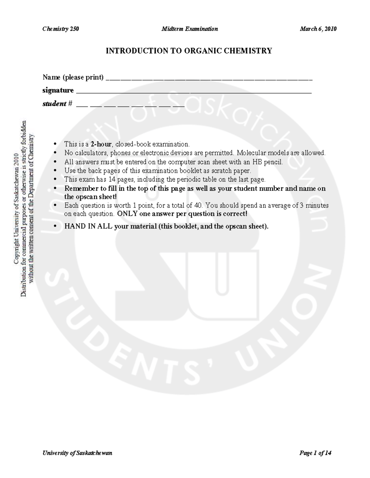 M 2010 Chemistry 250 - old exams - INTRODUCTION TO ORGANIC CHEMISTRY ...