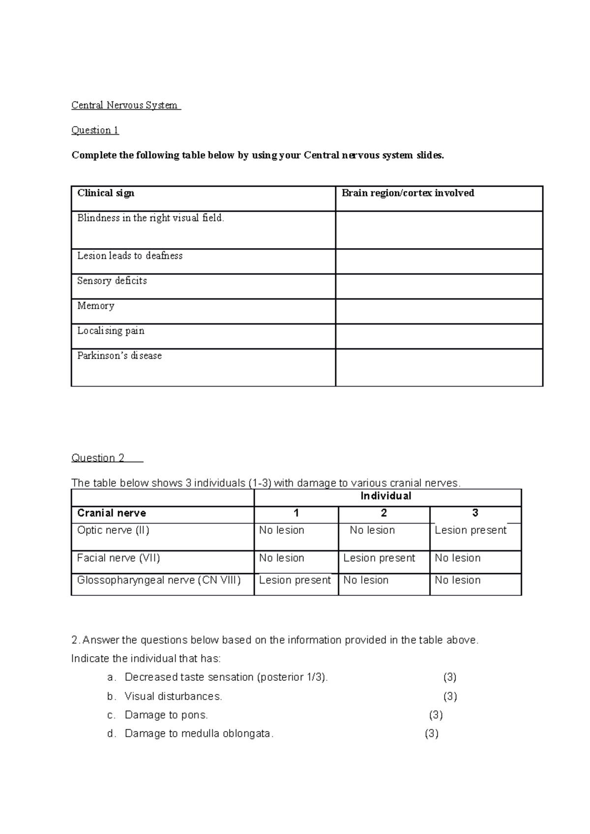 CNS Questions - Depicts the central nervous system - SBIA021 - UL - Studocu
