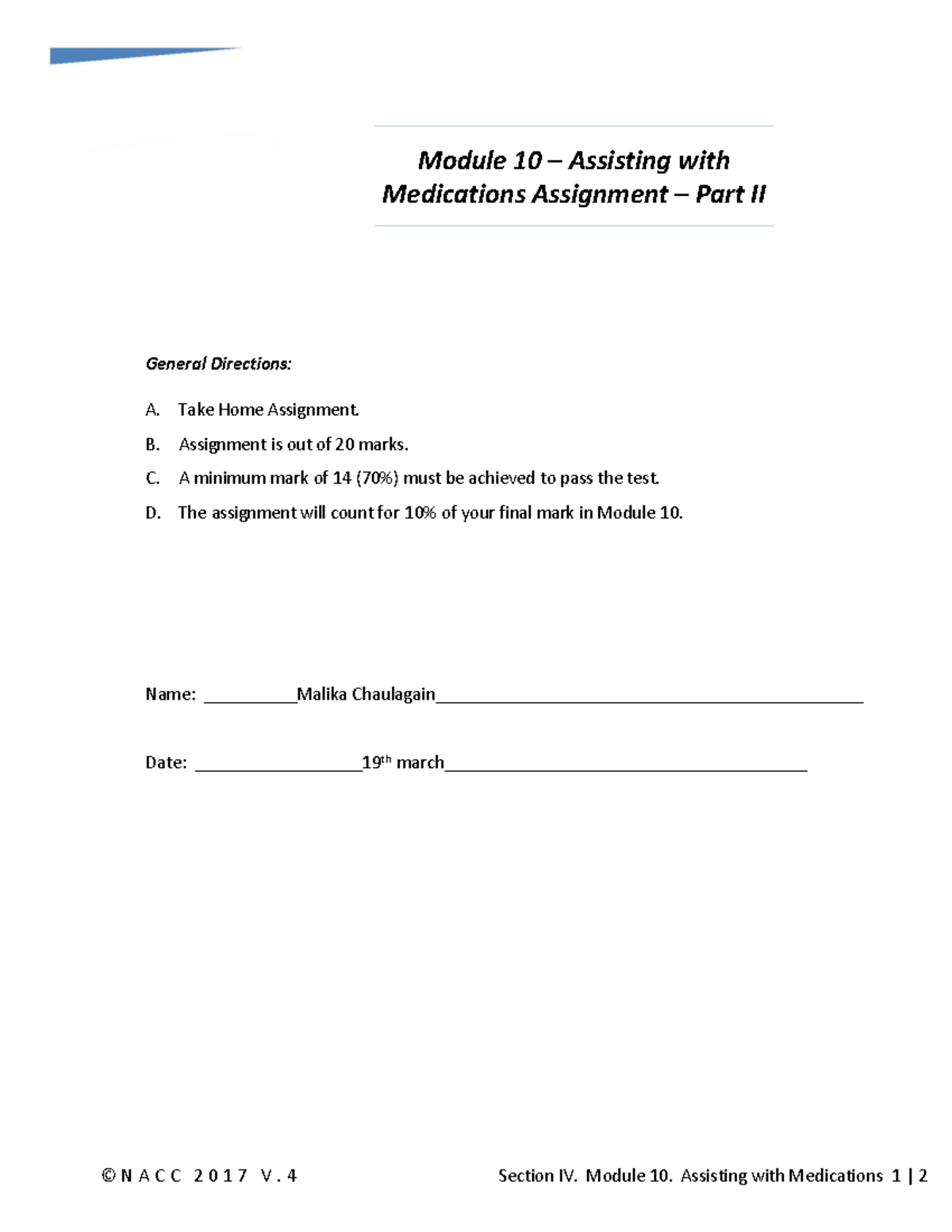 Malika Chaulagain M10 Individual Assignment - Module 10 – Assisting with Medications Assignment ...