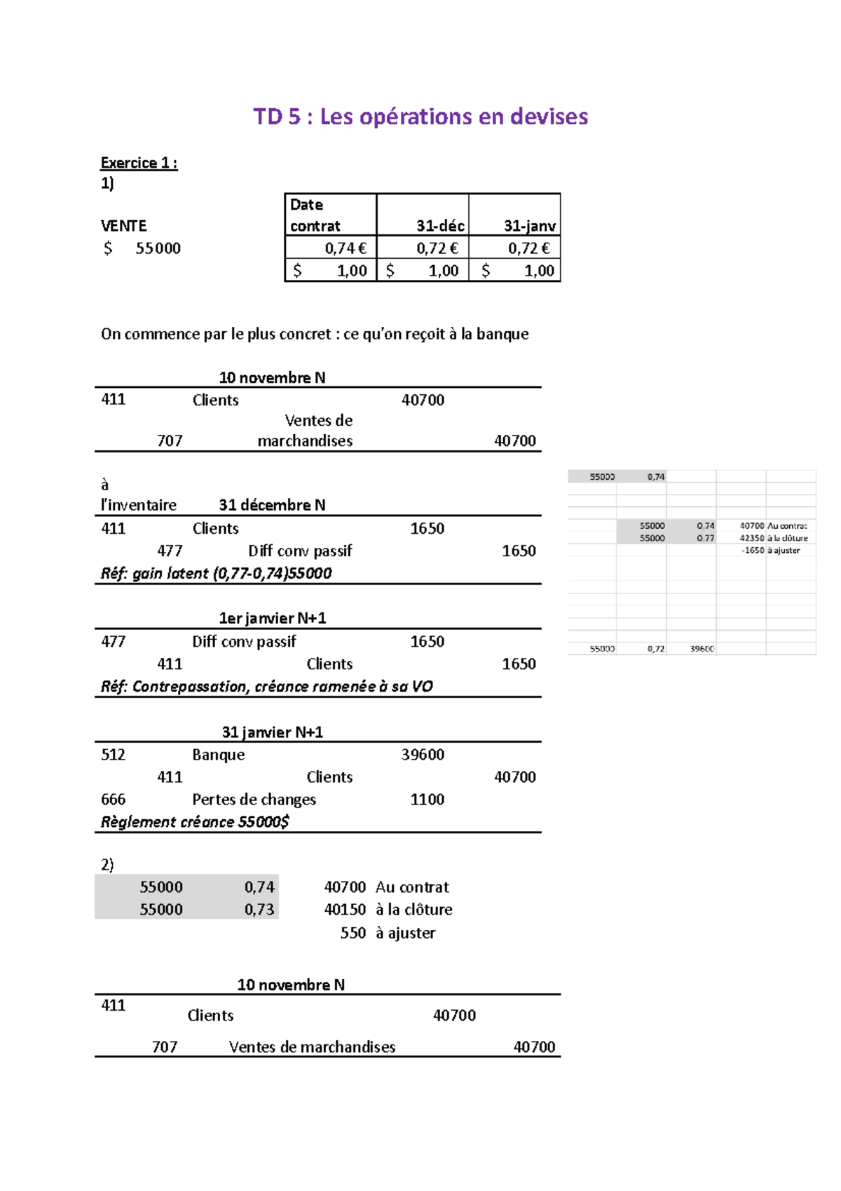Correction TD5 - TD 5 : Les opérations en devises Exercice 1 : 1) VENTE Date contrat 31-déc 31 ...