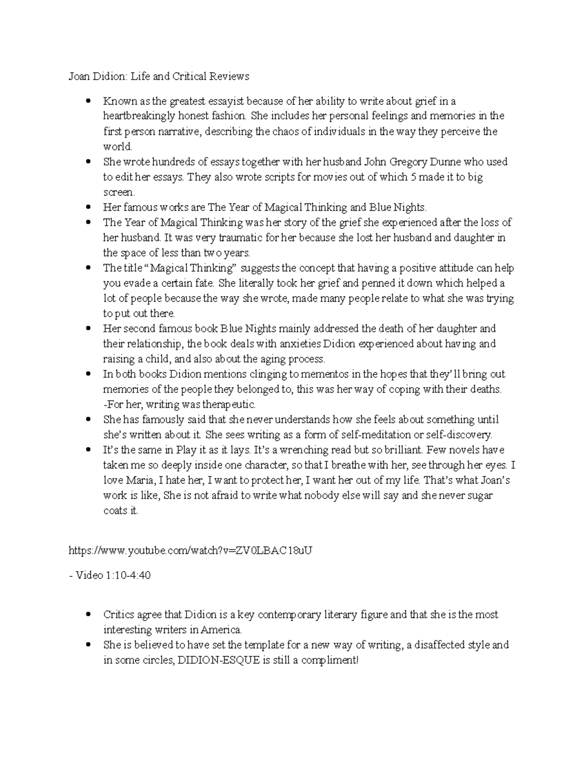 Joan Didion lecture notes - Joan Didion: Life and Critical Reviews ...