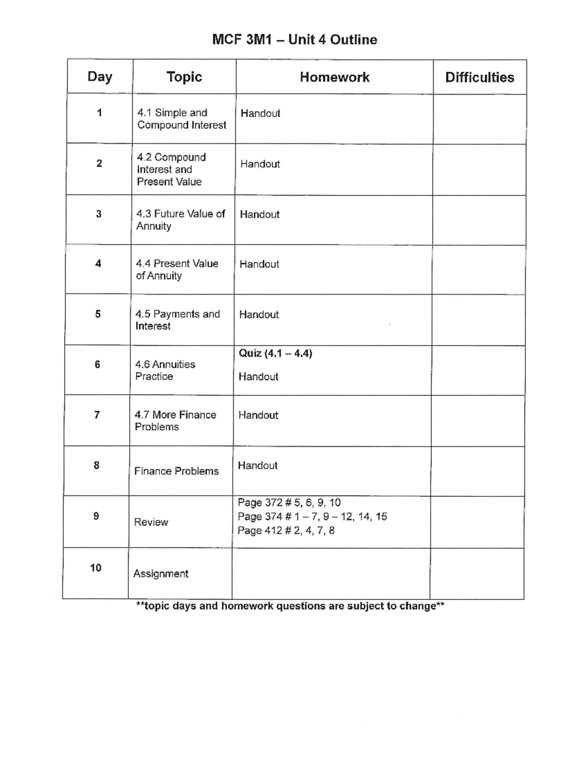 Unit 4 Math of Investment Booklet - MCF 3M1 Unit 4 Outline Day Topic ...