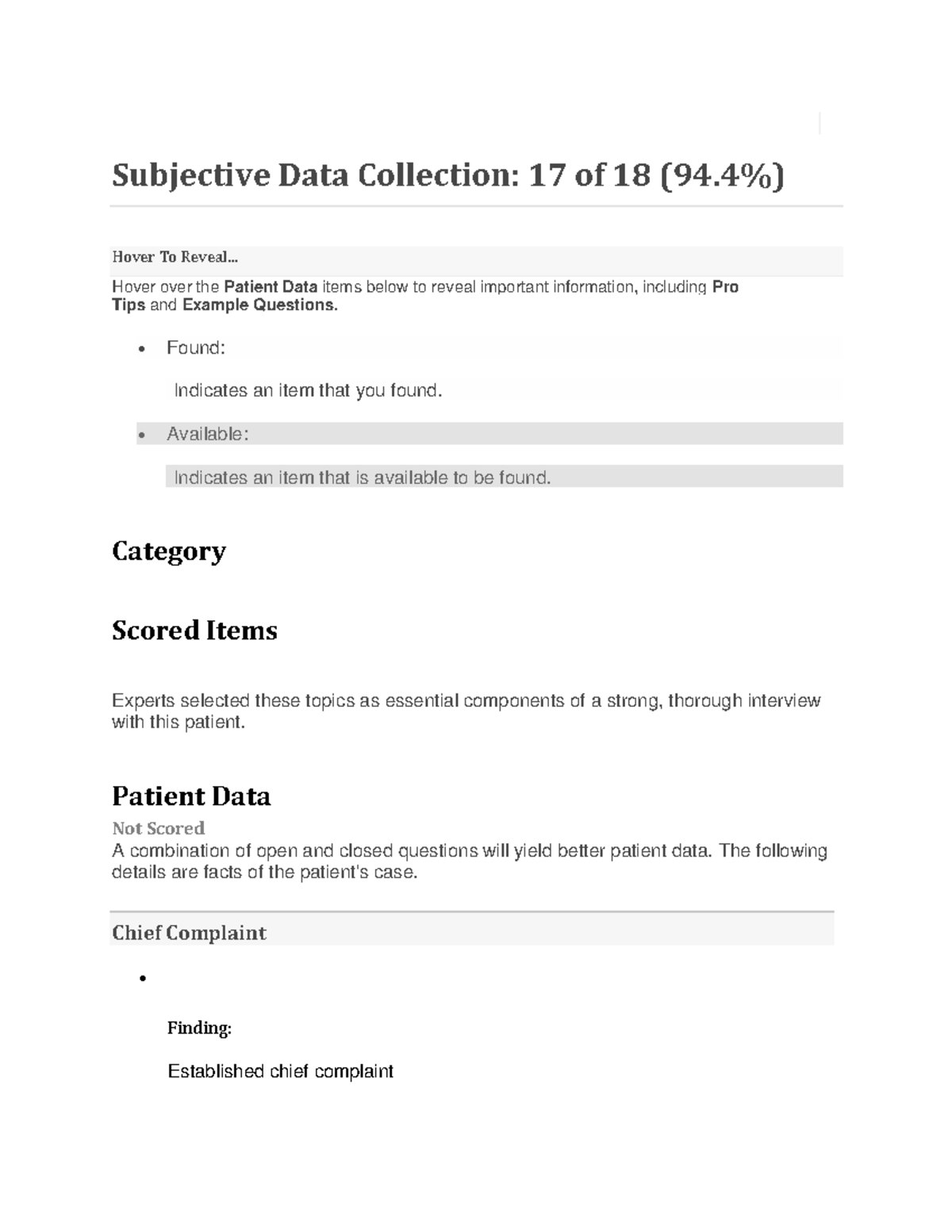 Subjective Data Collection - .. Hover over the Patient Data items below ...