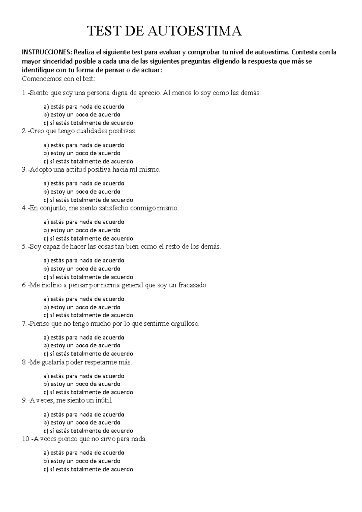 TEST DE Autoestima - gsagsaagsgdgasd - TEST DE AUTOESTIMA INSTRUCCIONES ...