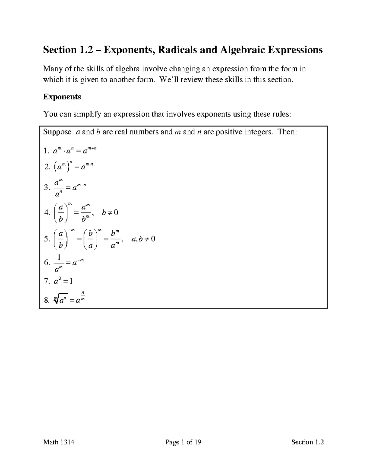 Exponents, Radicals and Algebraic Expressions. Chapter 1.2 - Section 1 ...