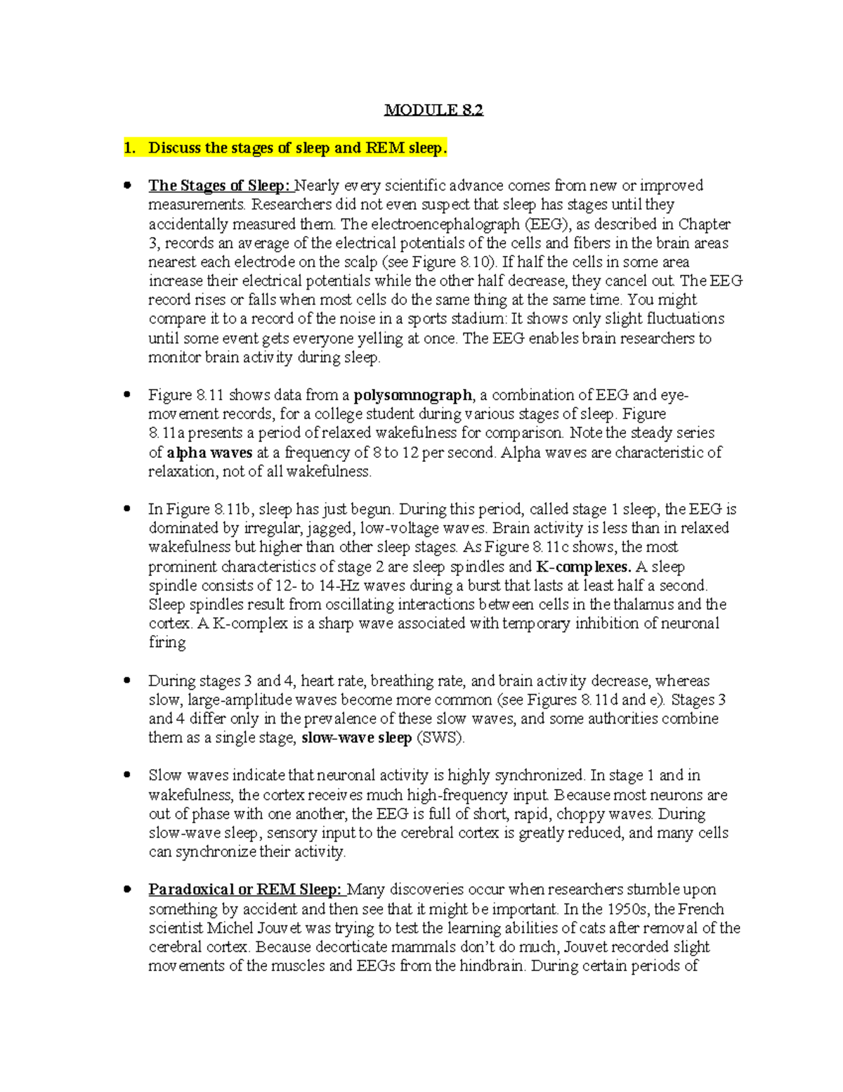 Module 8.2 Stages of Sleep - MODULE 8. Discuss the stages of sleep and ...