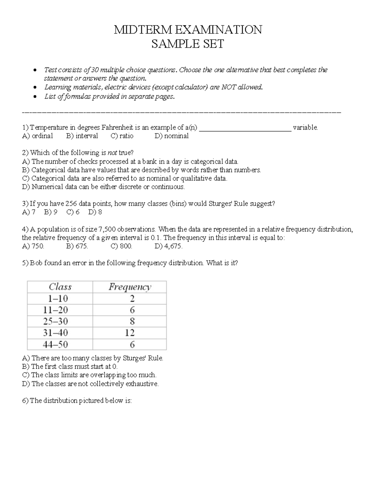 Midterm sample - MIDTERM EXAMINATION SAMPLE SET Test consists of 30 ...