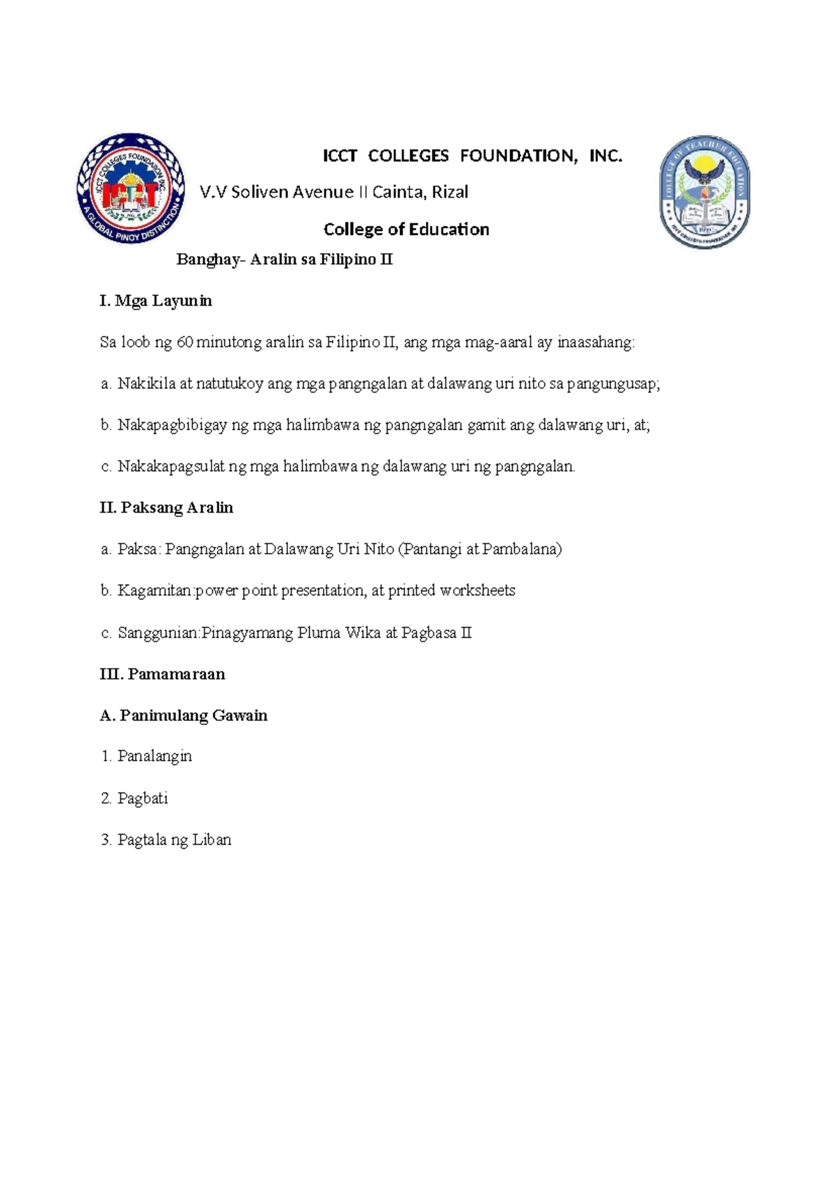 lesson plan detailed - ICCT COLLEGES FOUNDATION, INC. V Soliven Avenue ...