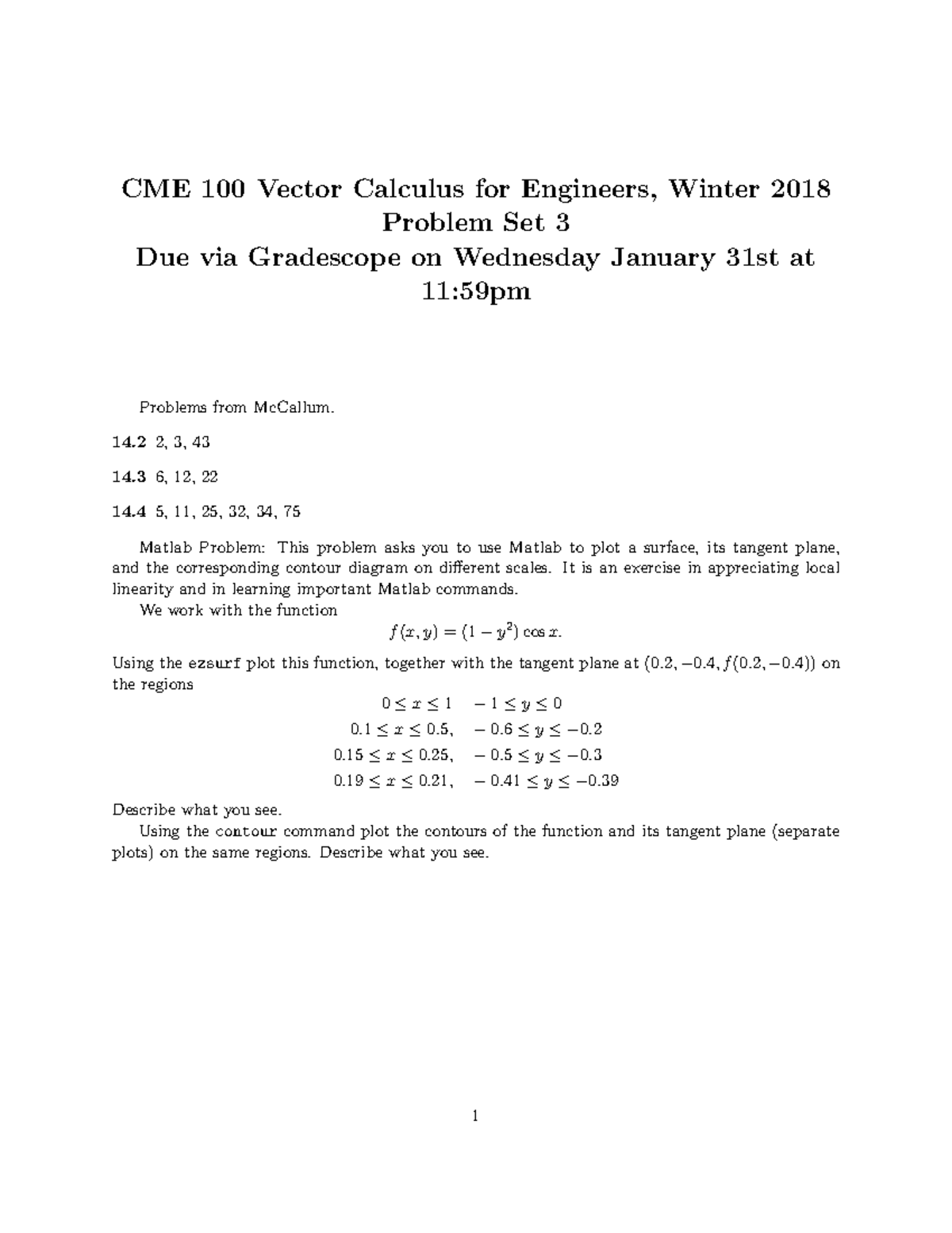 Hw3 - Problem set for Vector Calculus For Engineers - CME 100 Vector ...