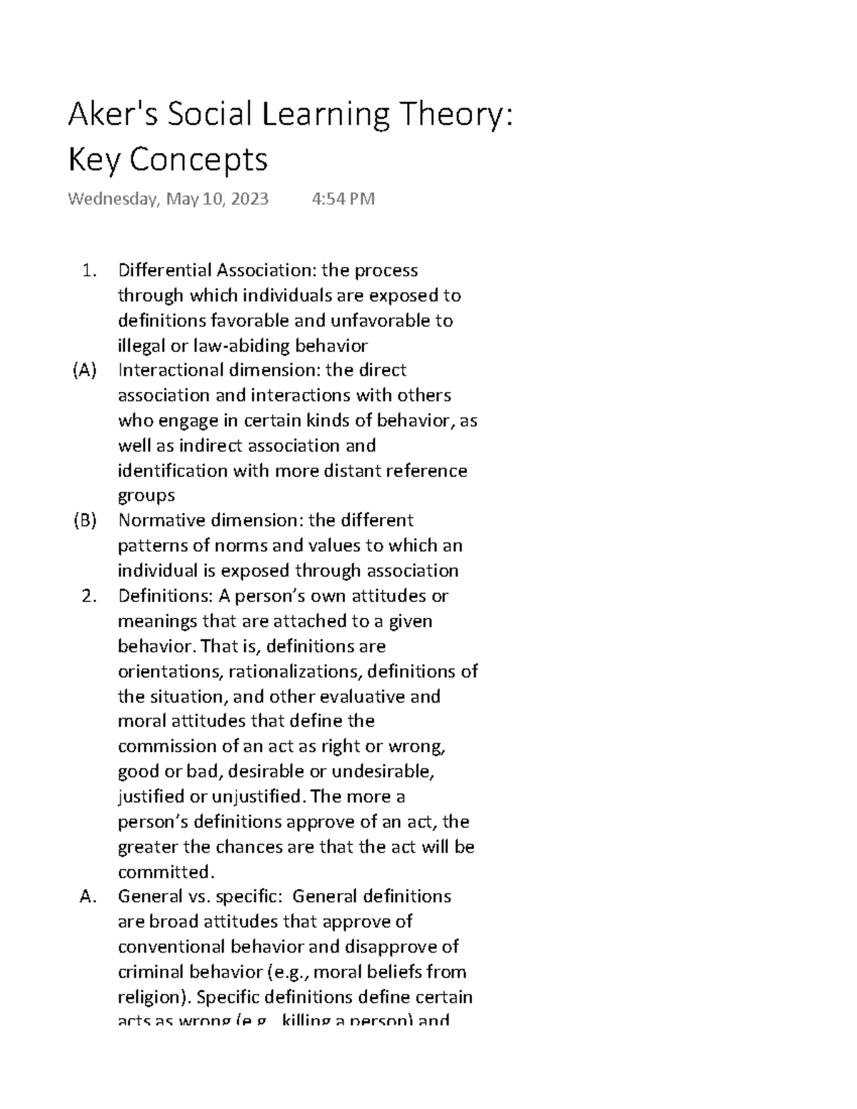 Aker's Social Learning Theory Key Concepts - Differential Association ...