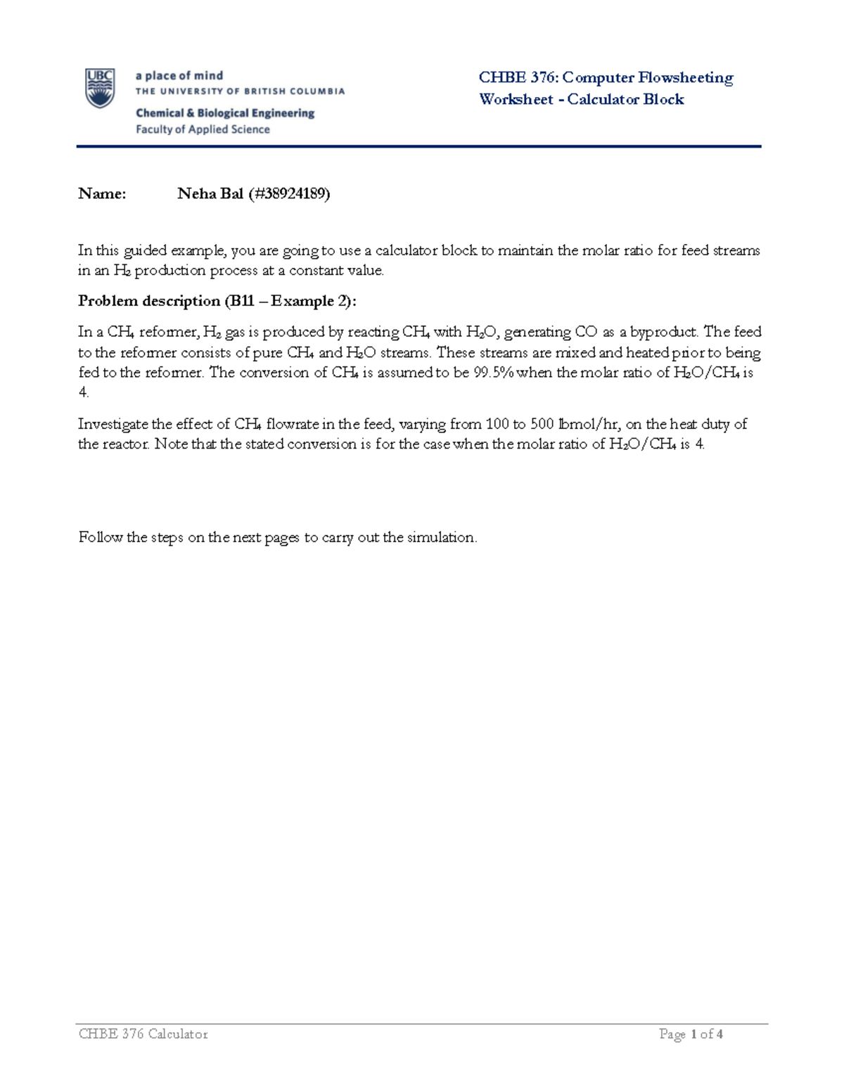 W 15 (Worksheet - Calculator Block) - CHBE 3 76 : Computer Flowsheeting Worksheet - Calculator ...