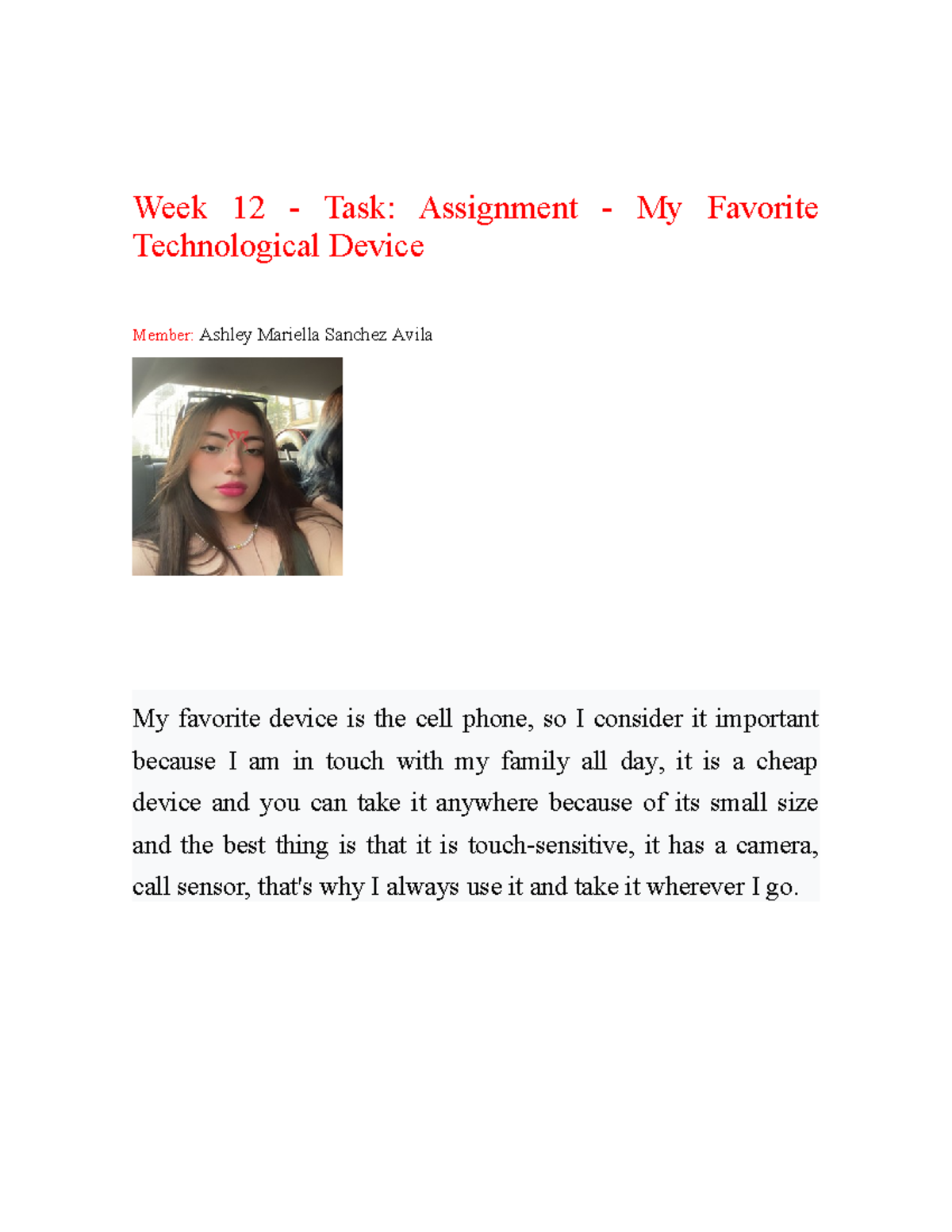 Task 12 Ashley Sanchez - Ingles III - Week 12 - Task: Assignment - My Favorite Technological ...