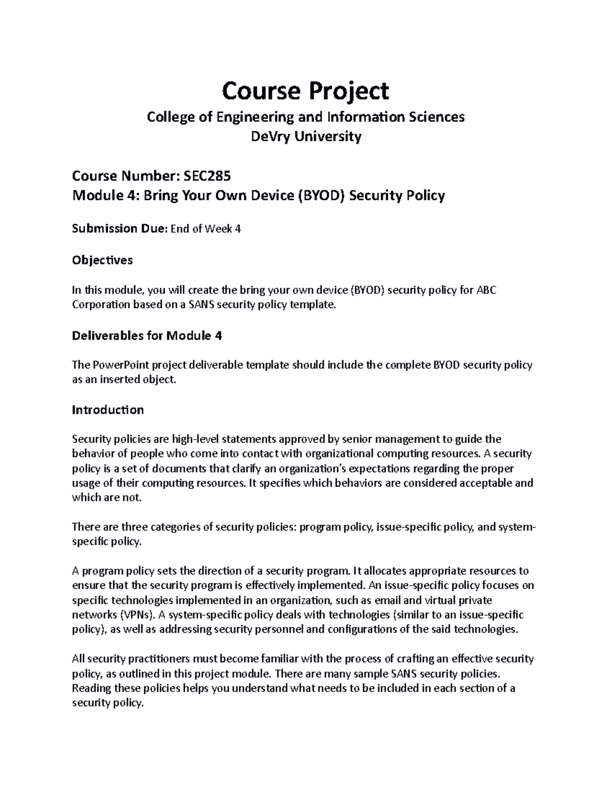 SEC285 Course Project Guide Module 4 - Course Project College of ...