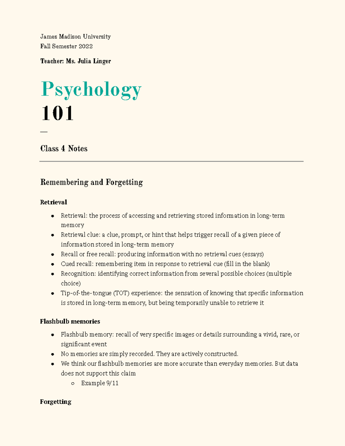 Class 4 notes - James Madison University Fall Semester 2022 Teacher: Ms ...