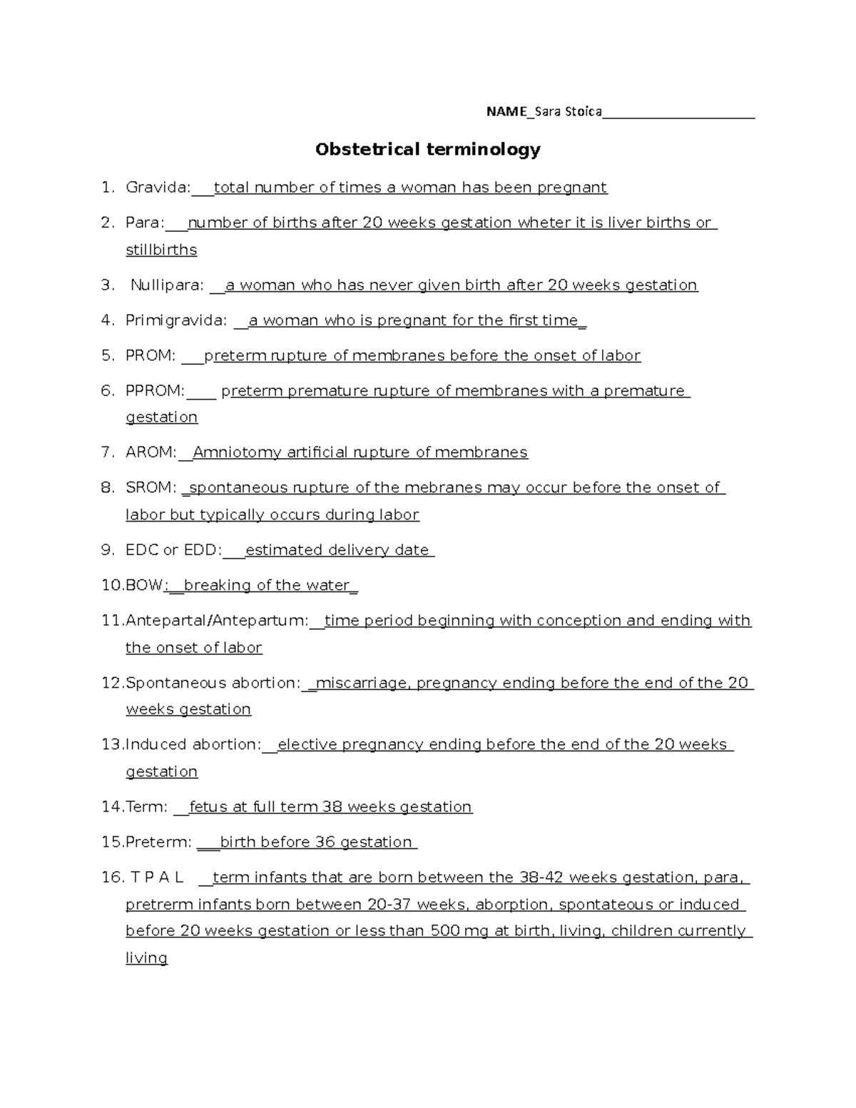 Obstetrical Terminology Worksheet - NAME_Sara Stoica ...