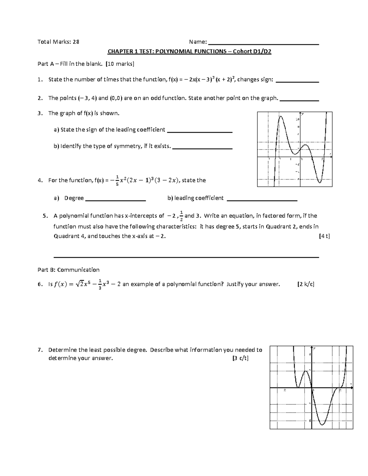 Chapter 1 test v2 - Math - Total Marks: 28 Name: CHAPTER 1 TEST ...