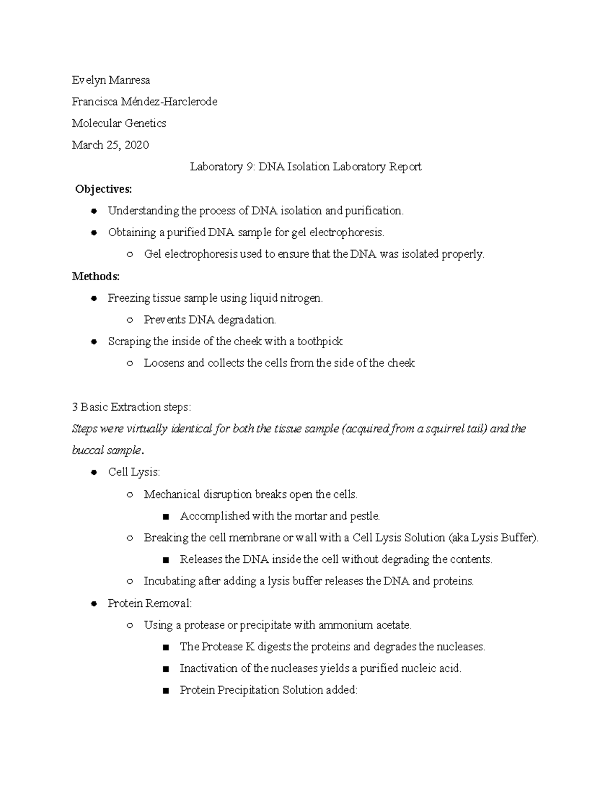 DNA Isolation Lab Report - Evelyn Manresa Francisca Méndez-Harclerode ...